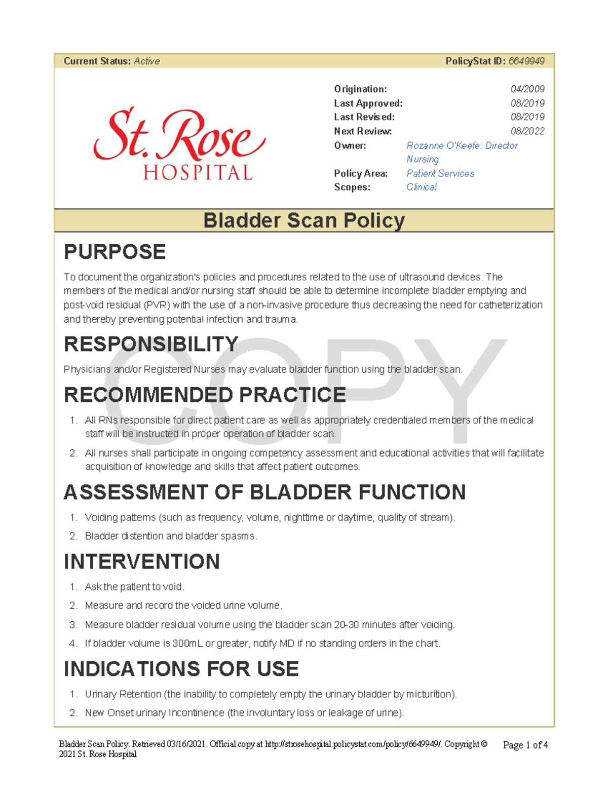 Bladder Scan Policy - good stuff - COPY Current Status: Active PolicyStat ID: 6649949 ...