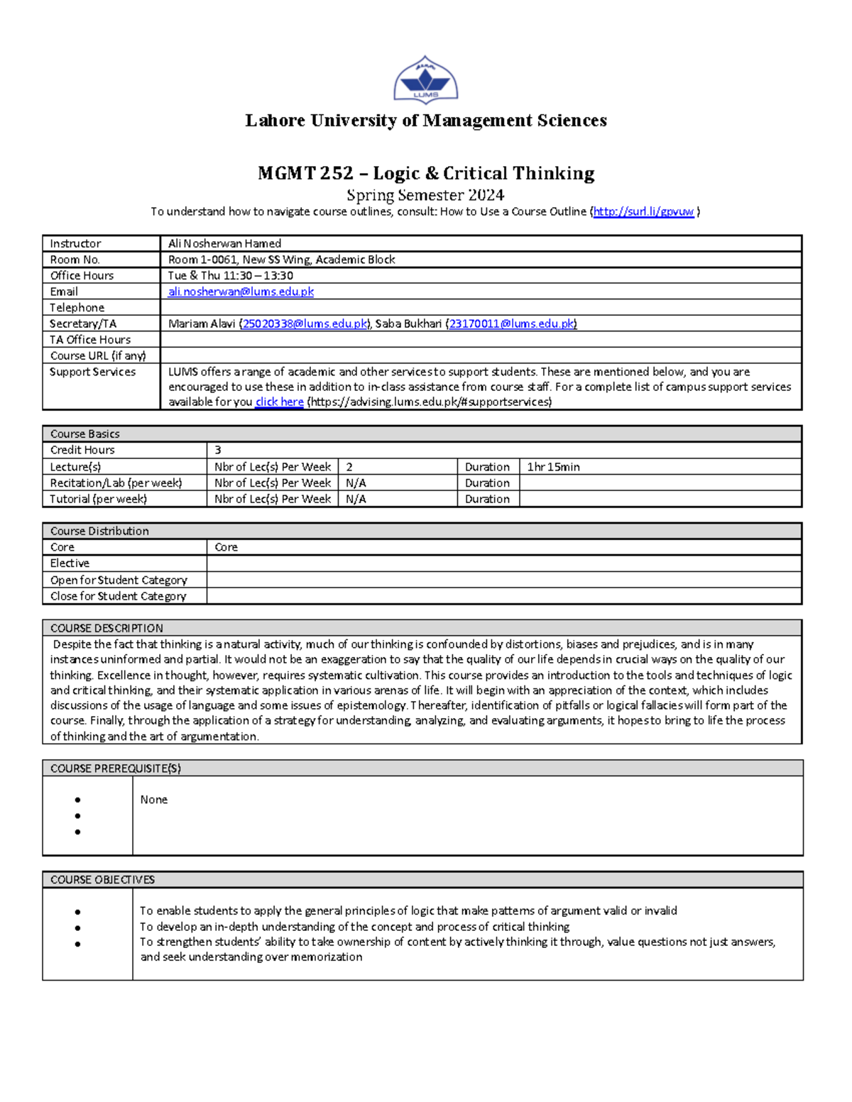 MGMT 252 Course Outline Spring 2024 - MGMT 252 – Logic & Critical Thinking Spring Semester 202 4 ...