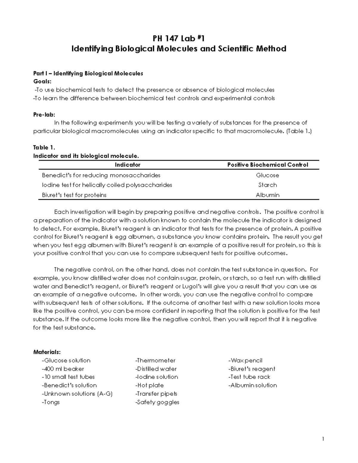 PH 147 Biological Molecules Lab 2022 Handout - PH 147 Lab # 1 ...