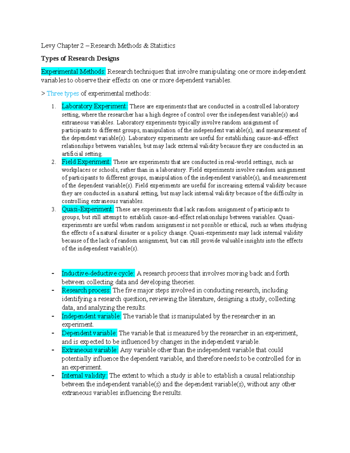 Levy Ch. 2 Research Methods & Stats - Levy Chapter 2 – Research Methods & Statistics Types of ...