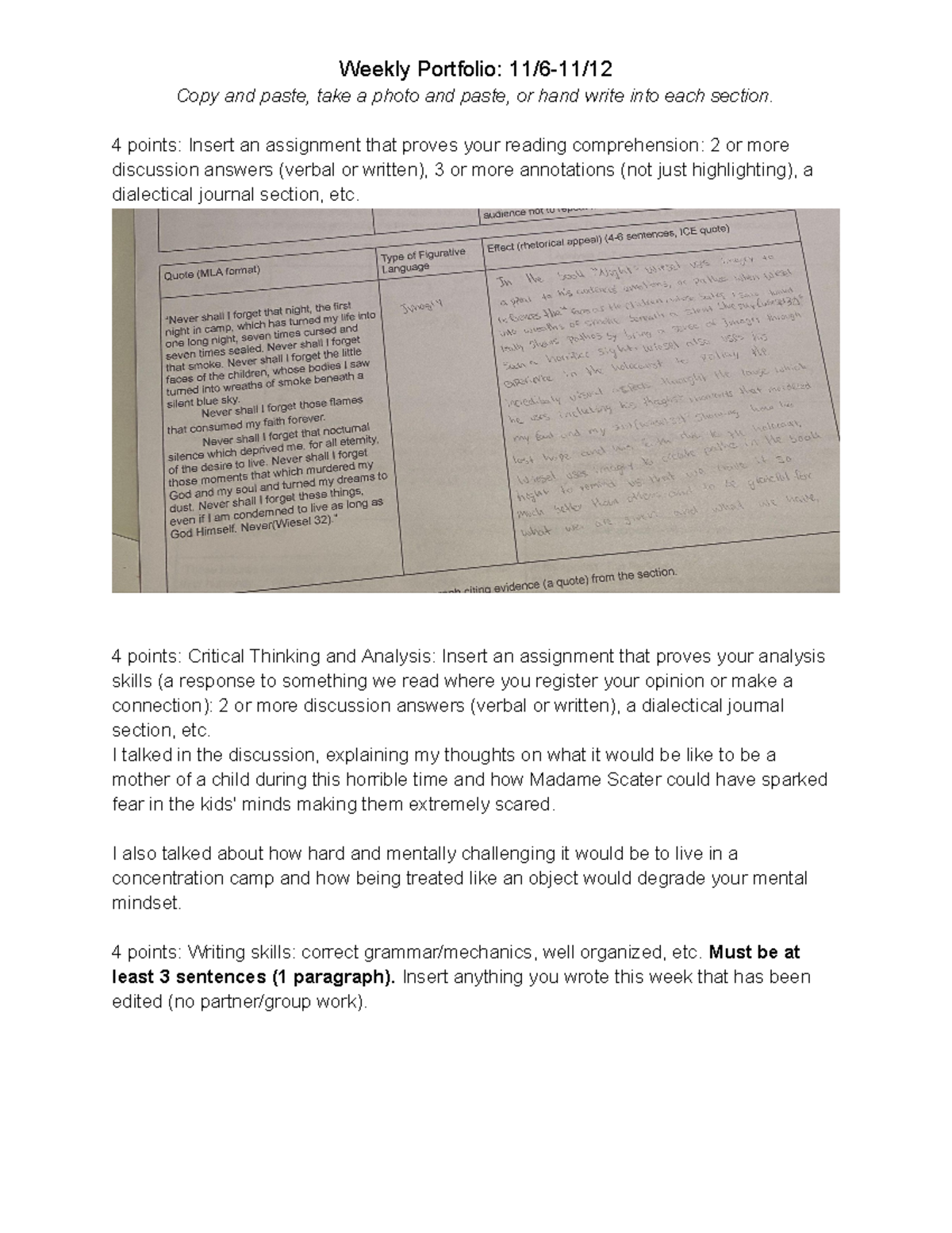 12 - English assignment - Weekly Portfolio: 11/6-11/ Copy and paste ...