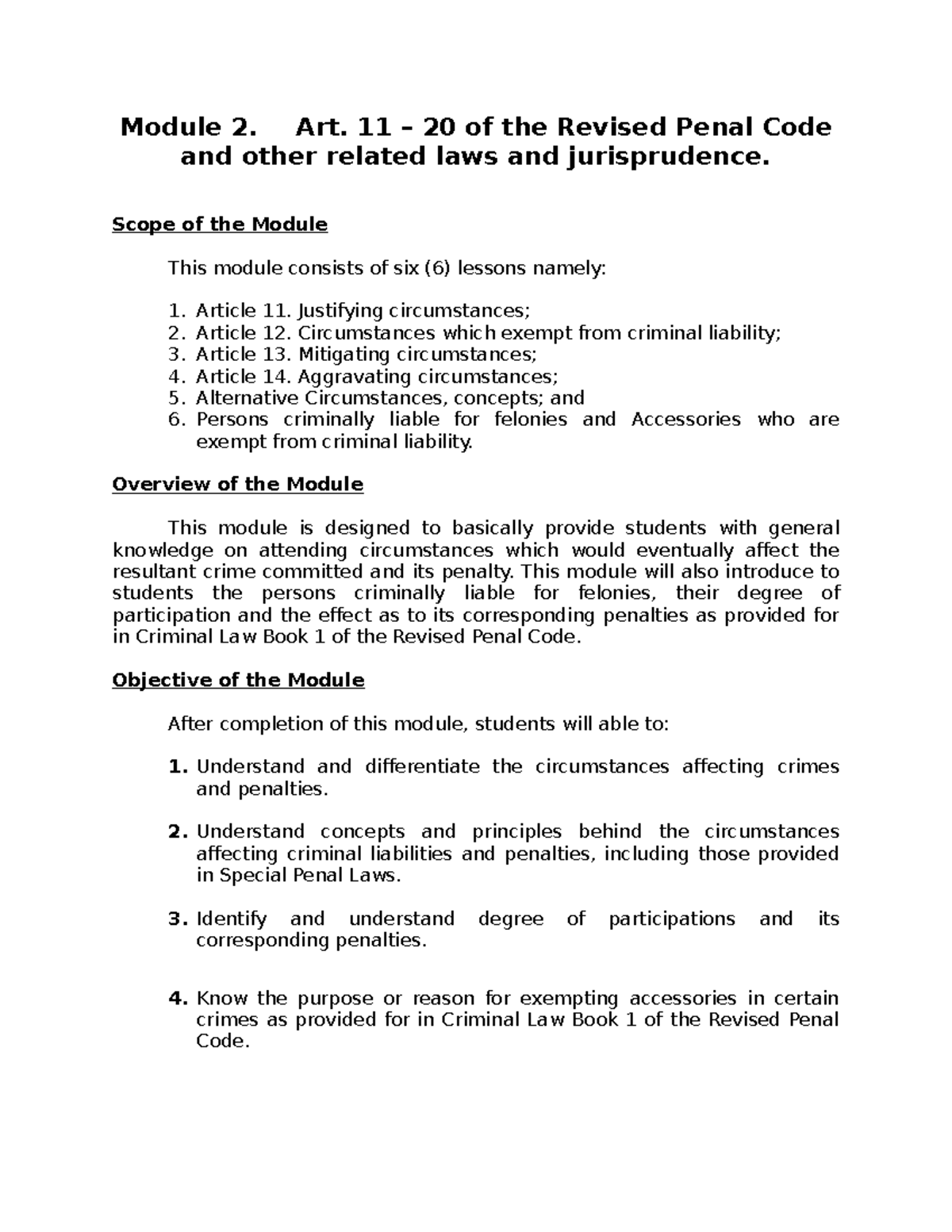 Criminal Law Module 2 Art 11 20 - Module 2. Art. 11 20 of the Revised ...