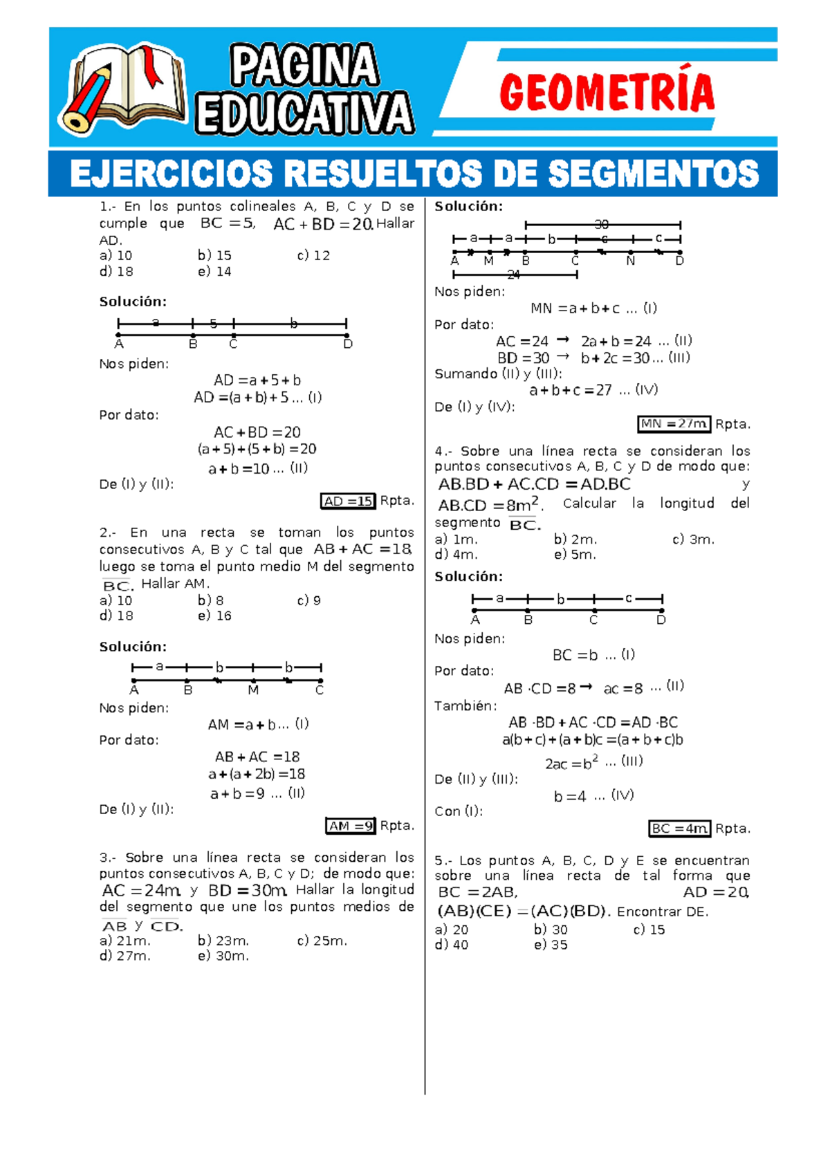 Ejercicios Resueltos de Segmentos Pagina Educativa - 1.- En los puntos ...