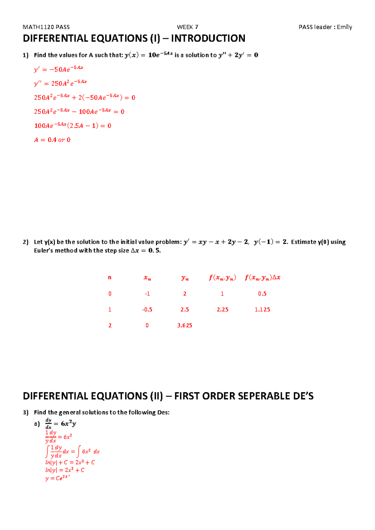 MATH1120 PASS Worksheet 6 Answers - MATH1120 PASS WEEK 7 PASS leader : Emily DIFFERENTIAL ...