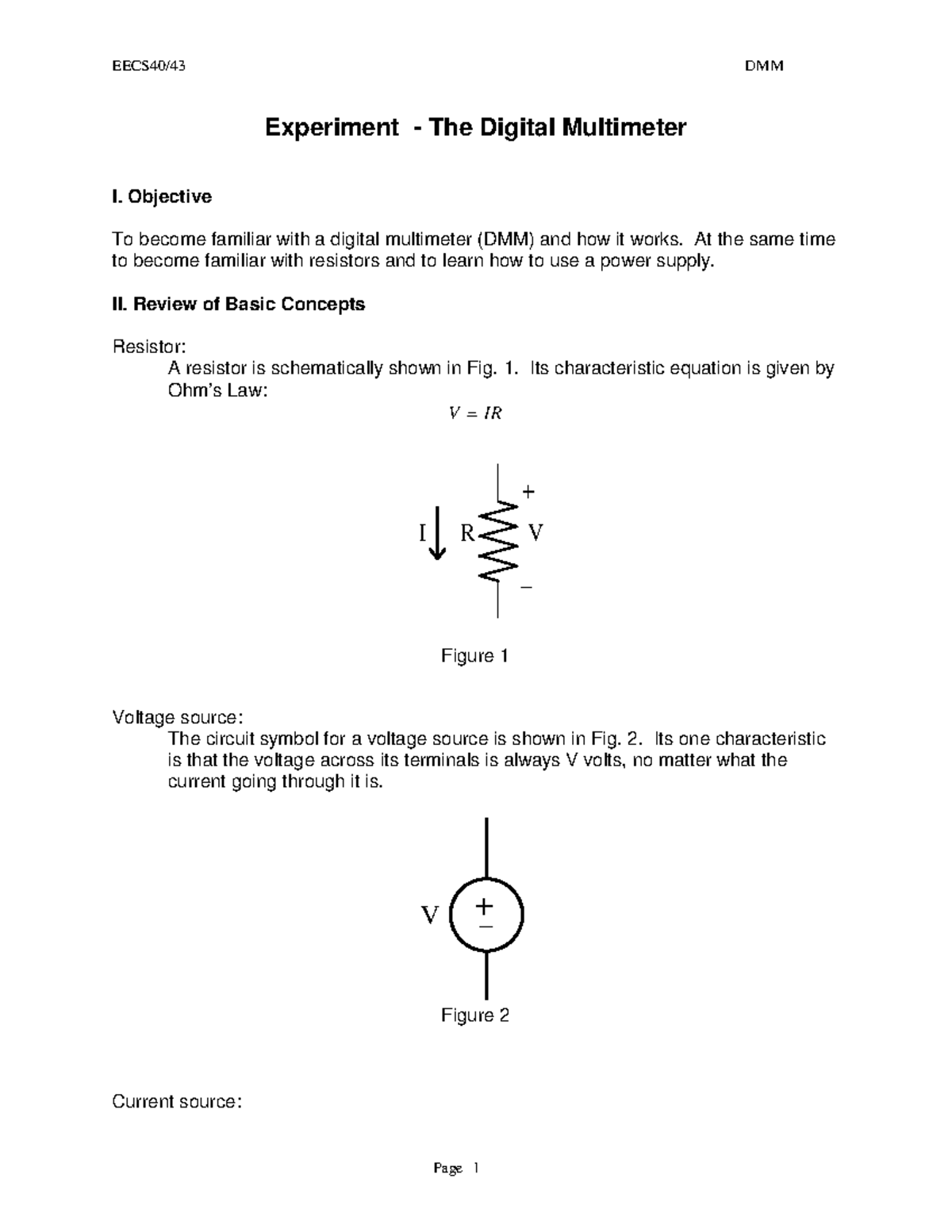 LAB1 - Experiment - The Digital Multimeter I. Objective To become ...