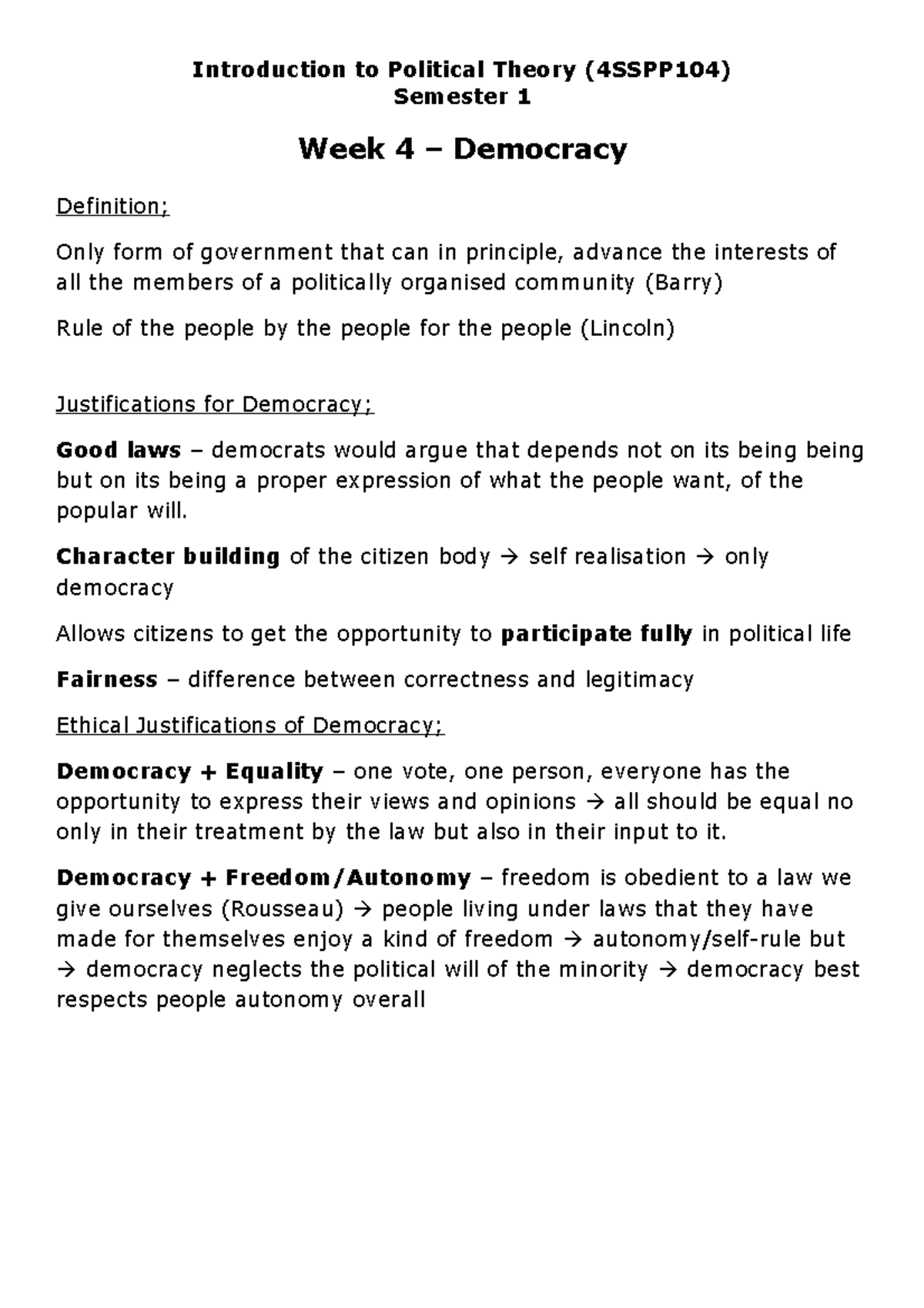 Lecture notes, lectures 4- 19 - Introduction to Political Theory ...