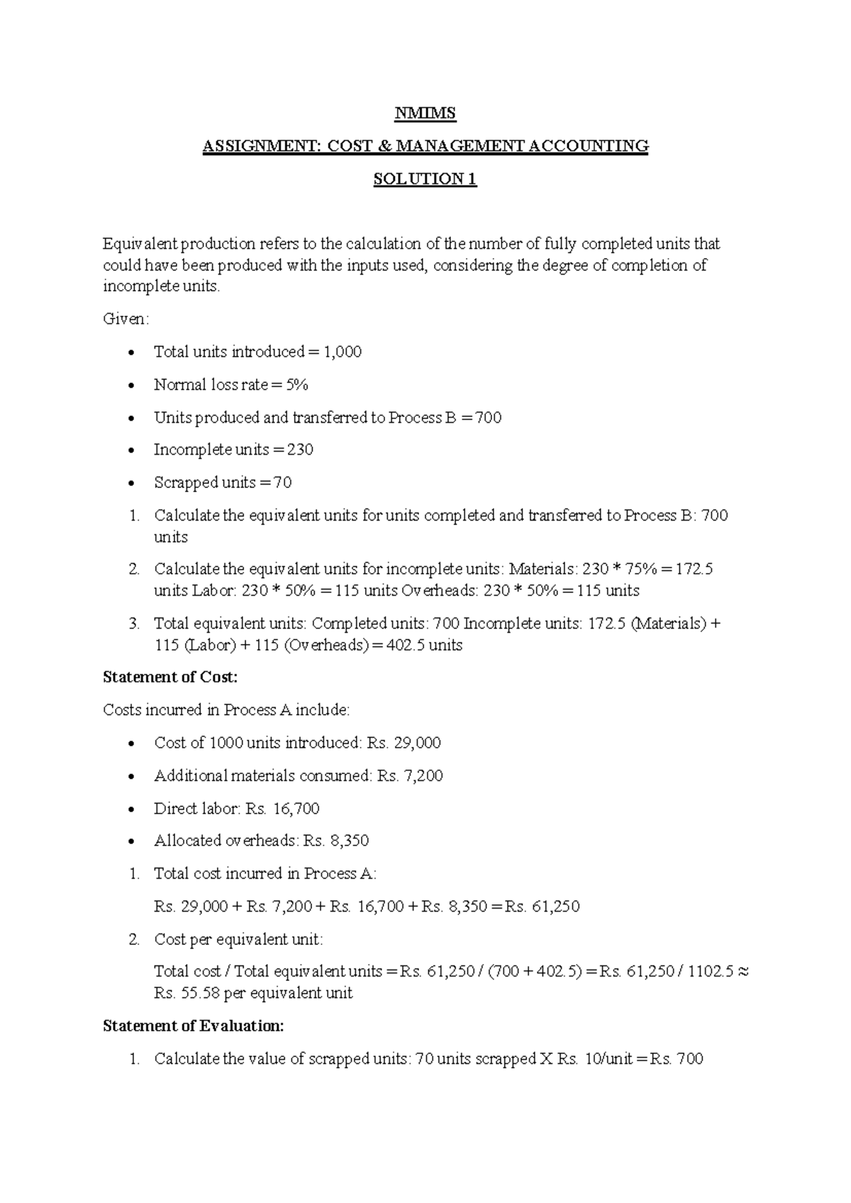 Cost and management accounting - NMIMS ASSIGNMENT: COST & MANAGEMENT ...