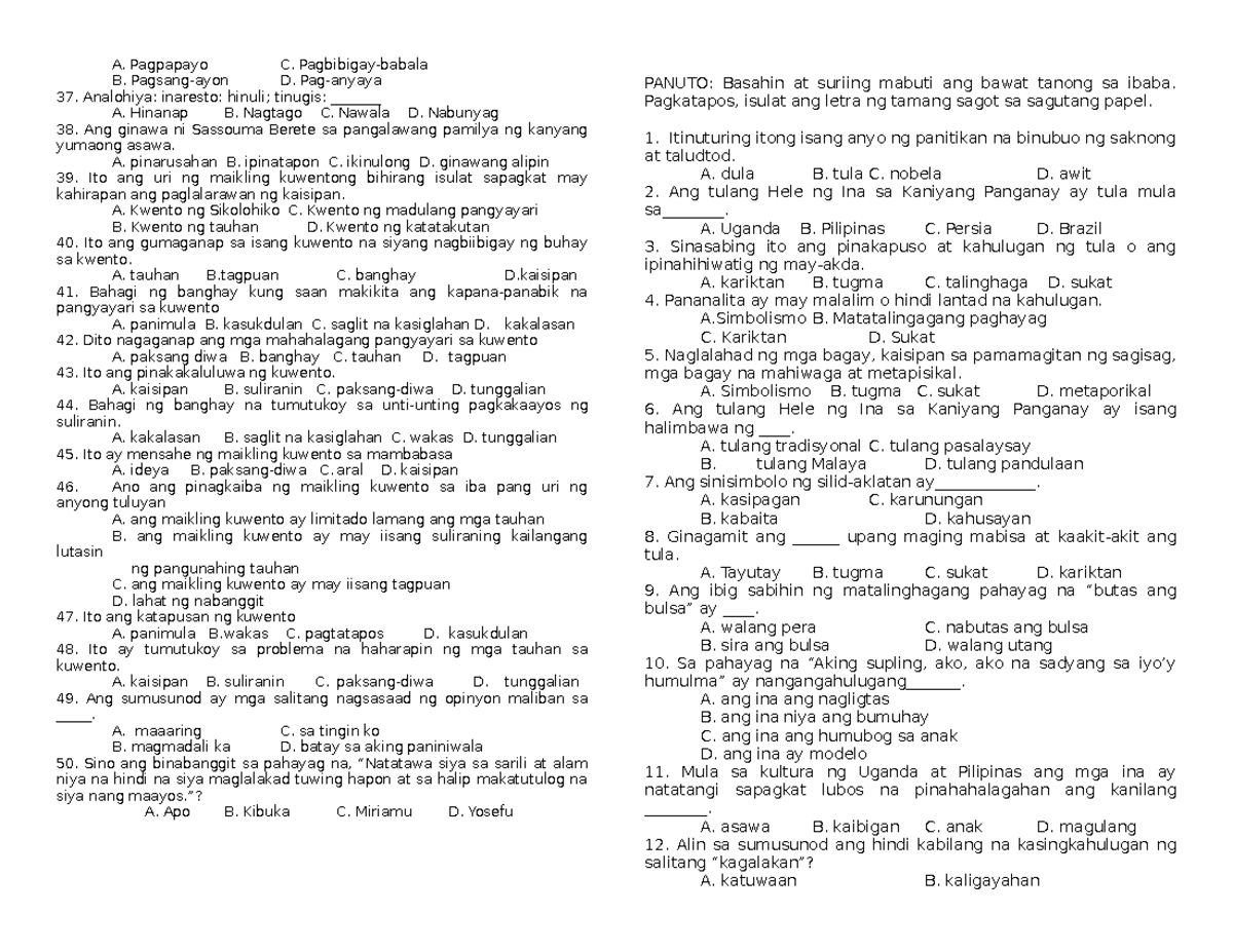 Pagsusulit Arain 3 AND 4 3RD Quarter - A. Pagpapayo C. Pagbibigay ...