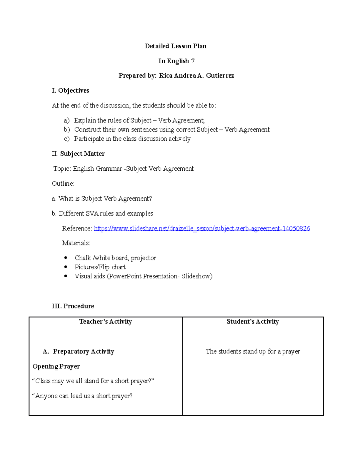 Example of Lesson plan - Detailed Lesson Plan In English 7 Prepared by ...