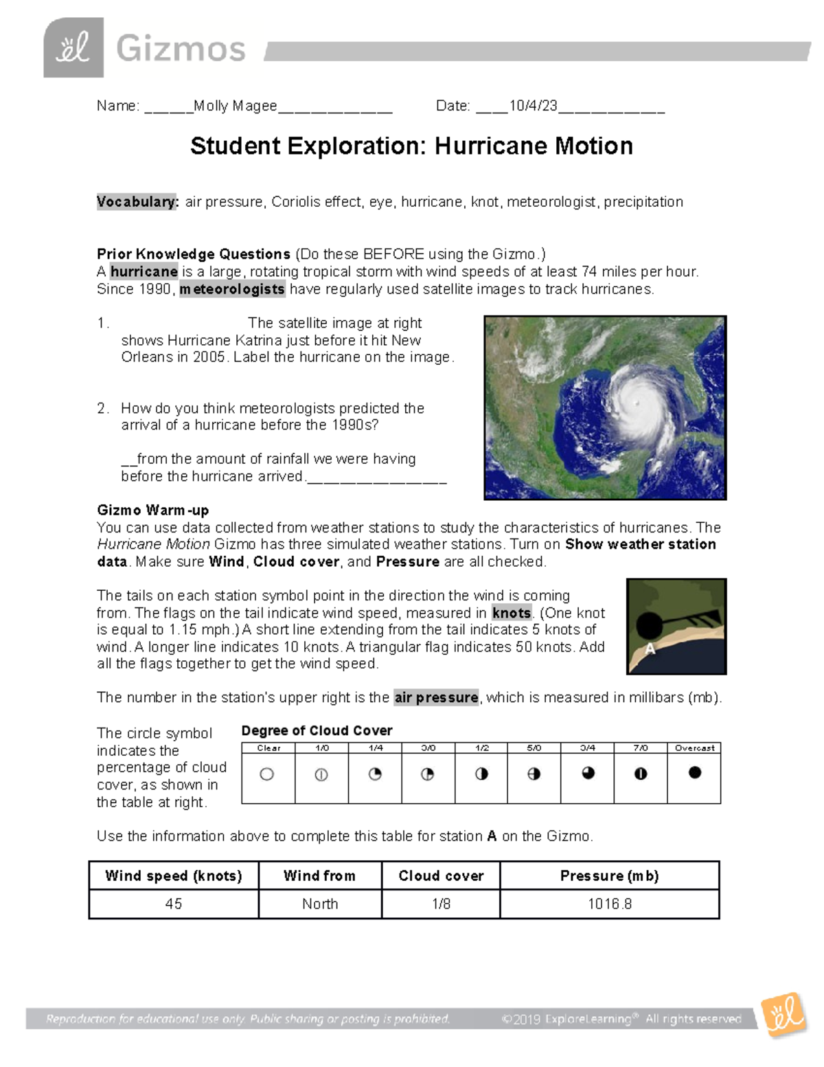 Hurricane Motion SE - gizmo answer key - Name: Molly Magee________ Date ...