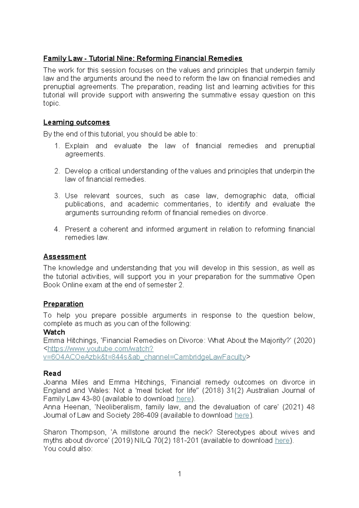 Tutorial 9 - Reforming Financial Remedies - Family Law - Tutorial Nine ...