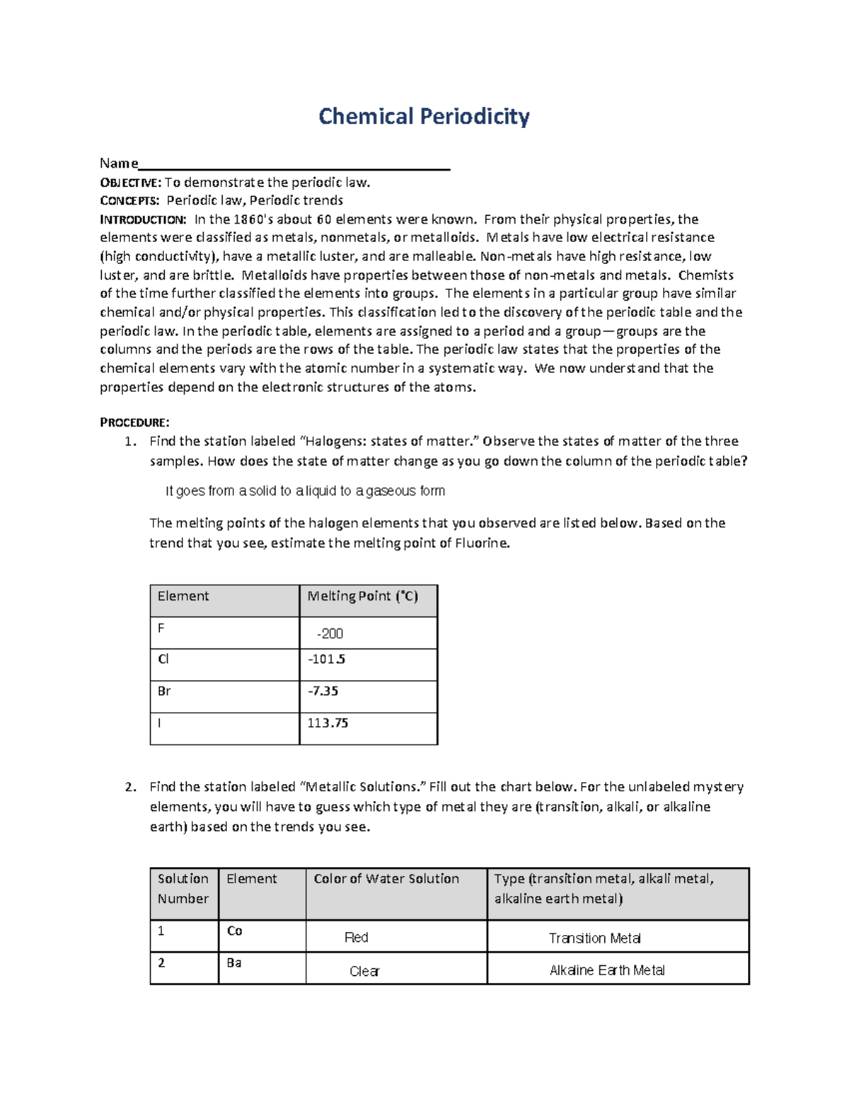 Chemical Periodicity - Lab - Chemical Periodicity Name O BJECTIVE : To ...