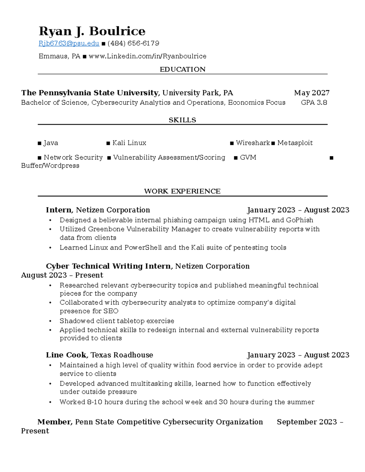 Ryan Boulrice Resume - Ryan J. Boulrice Rjb6763@psu (484) 656- Emmaus ...