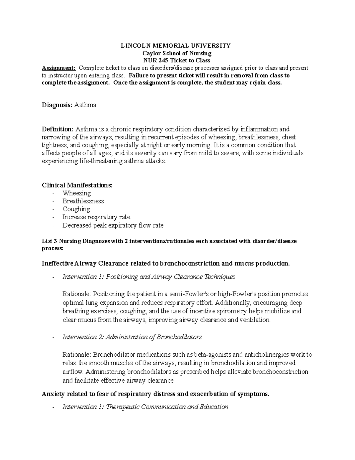 N245 Ticket to Class (asthma) - LINCOLN MEMORIAL UNIVERSITY Caylor ...
