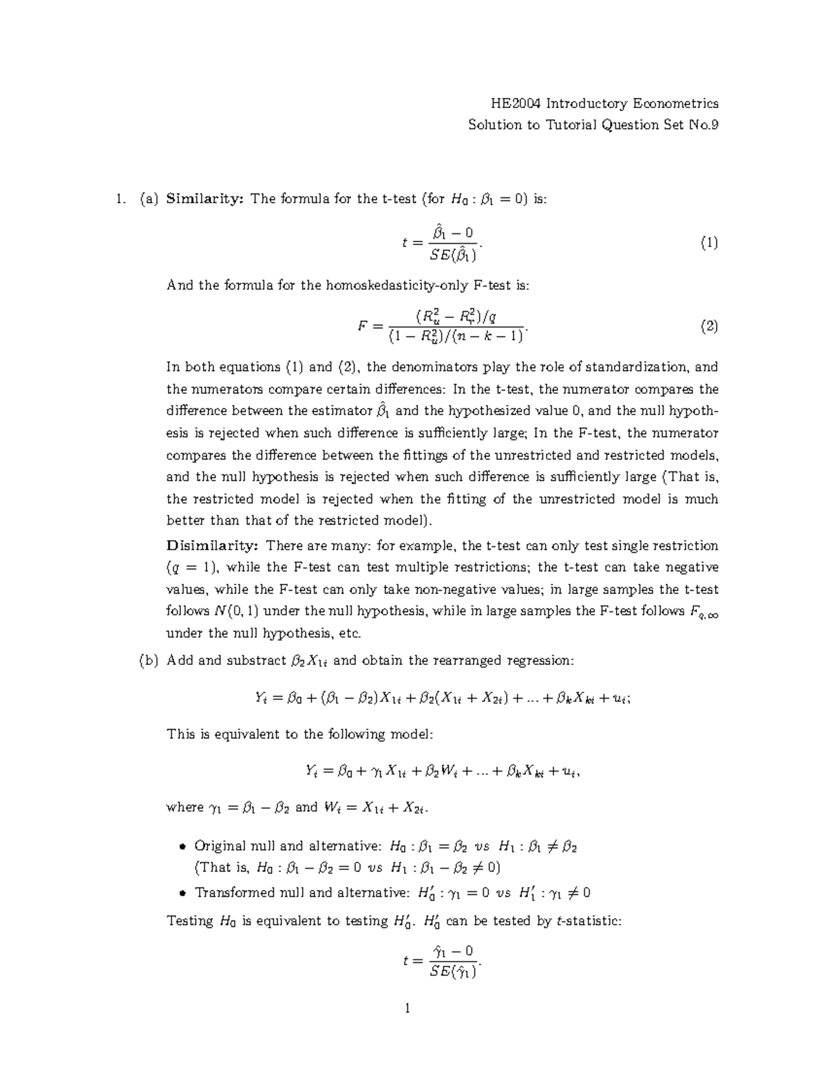 Solution Q9 - HE2004 Introductory Econometrics Solution to Tutorial Question Set No. (a) - Studocu