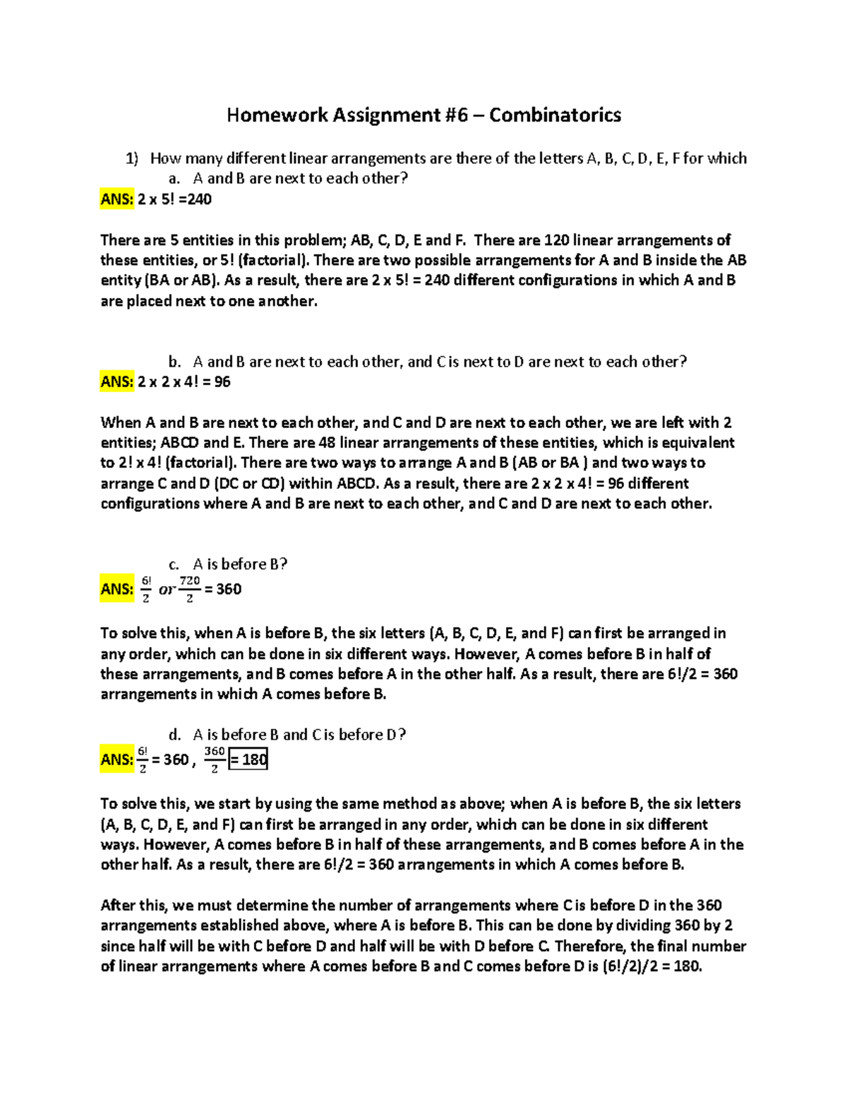 Homework 6 - Combinatorics - Homework Assignment #6 – Combinatorics How many different linear ...