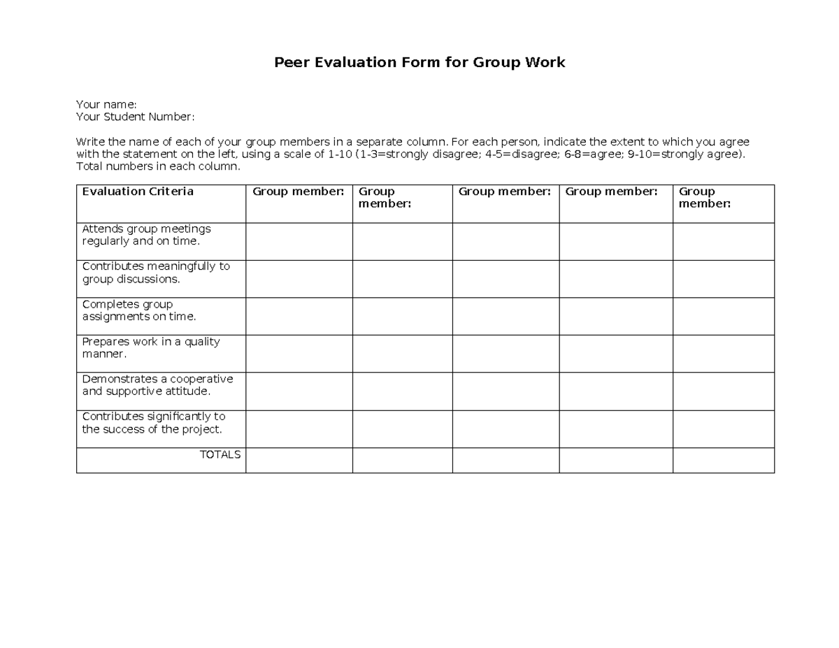 Peer Evaluation Form for Group Work - For each person, indicate the ...