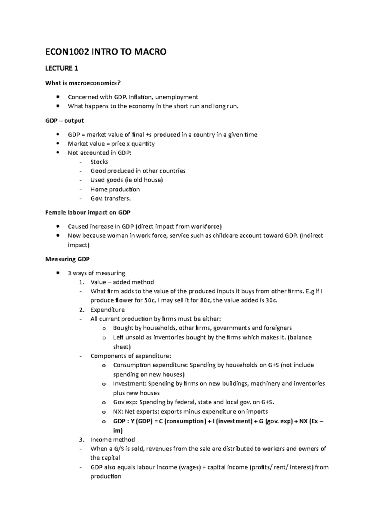 ECON1002 Intro TO Macro LEC , 1st year - ECON1002 INTRO TO MACRO LECTURE 1 What is ...