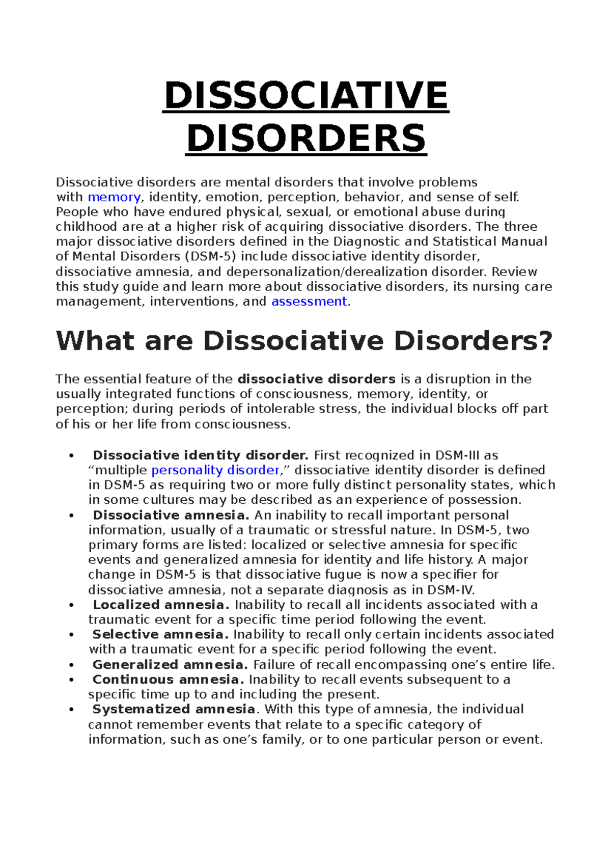 Dissociative Disorders - DISSOCIATIVE DISORDERS Dissociative disorders ...