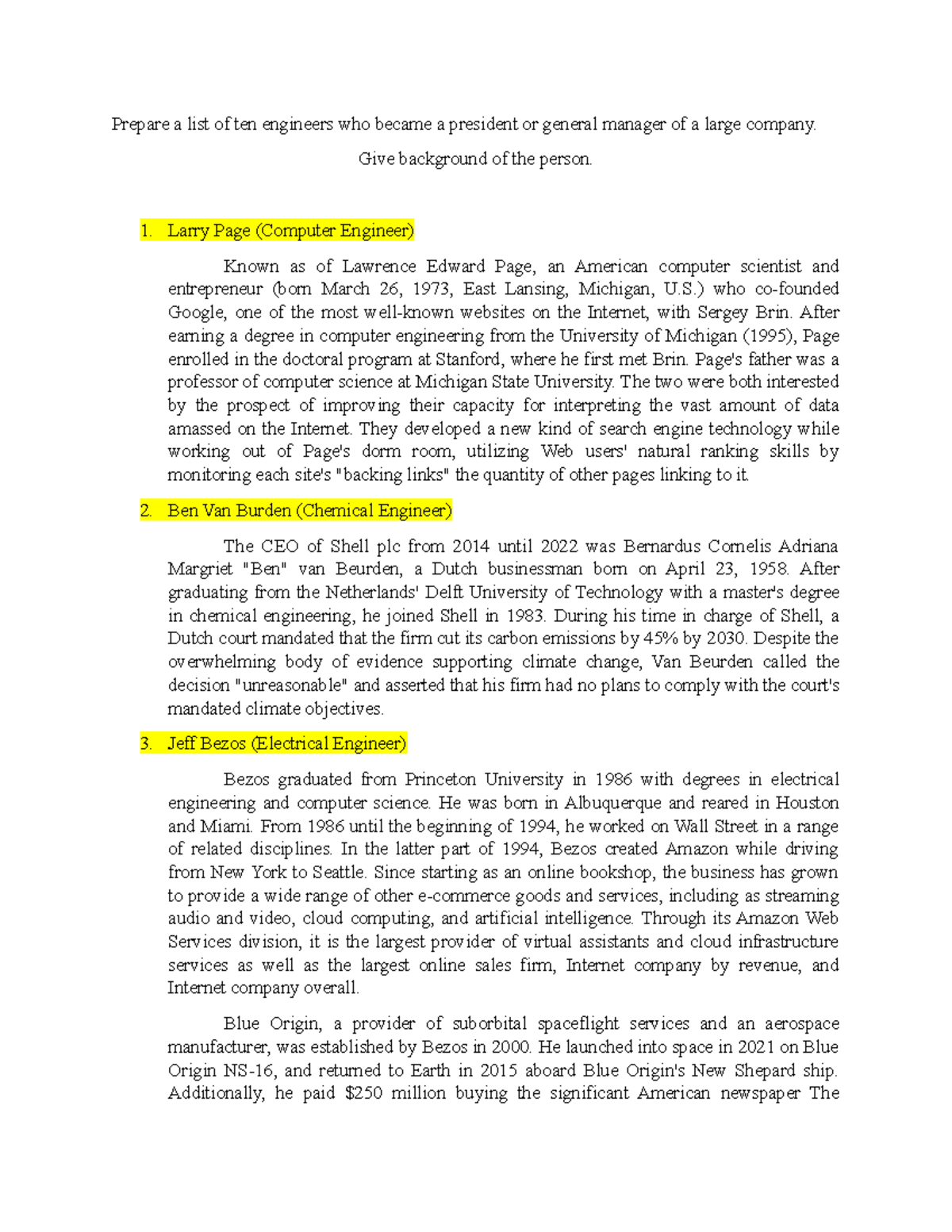 Assignment - Engineer Job - Prepare a list of ten engineers who became ...