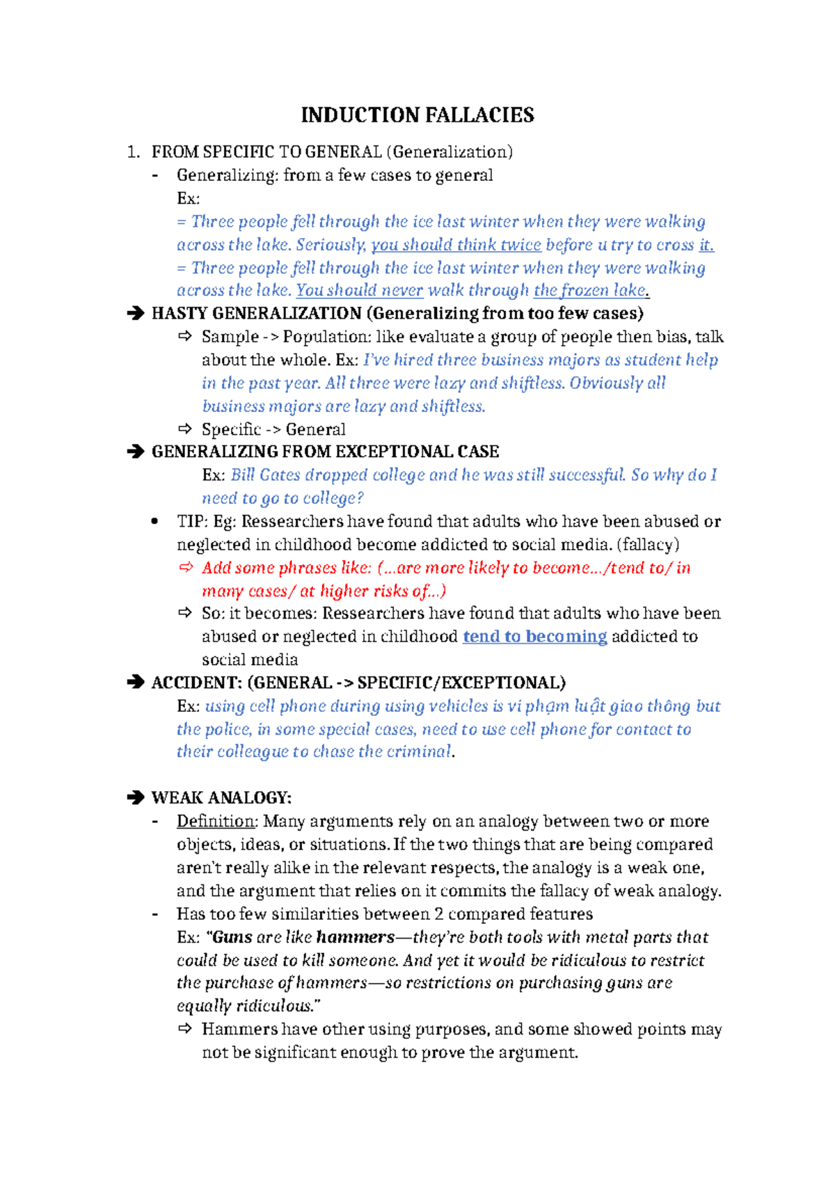 Induction Fallacies - INDUCTION FALLACIES FROM SPECIFIC TO GENERAL (Generalization) Generalizing ...