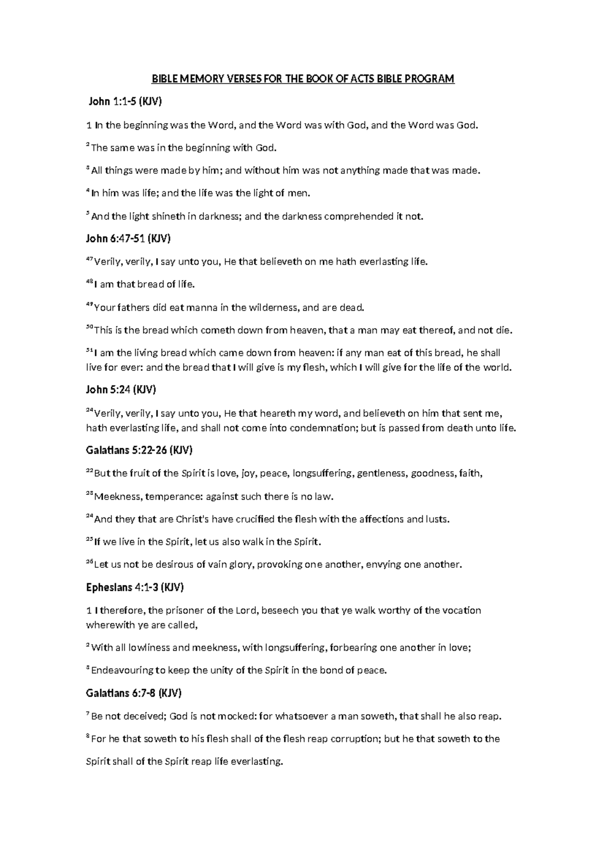 Bible Verse FOR THE BOOK OF ACTS Bible Program I - BIBLE MEMORY VERSES ...