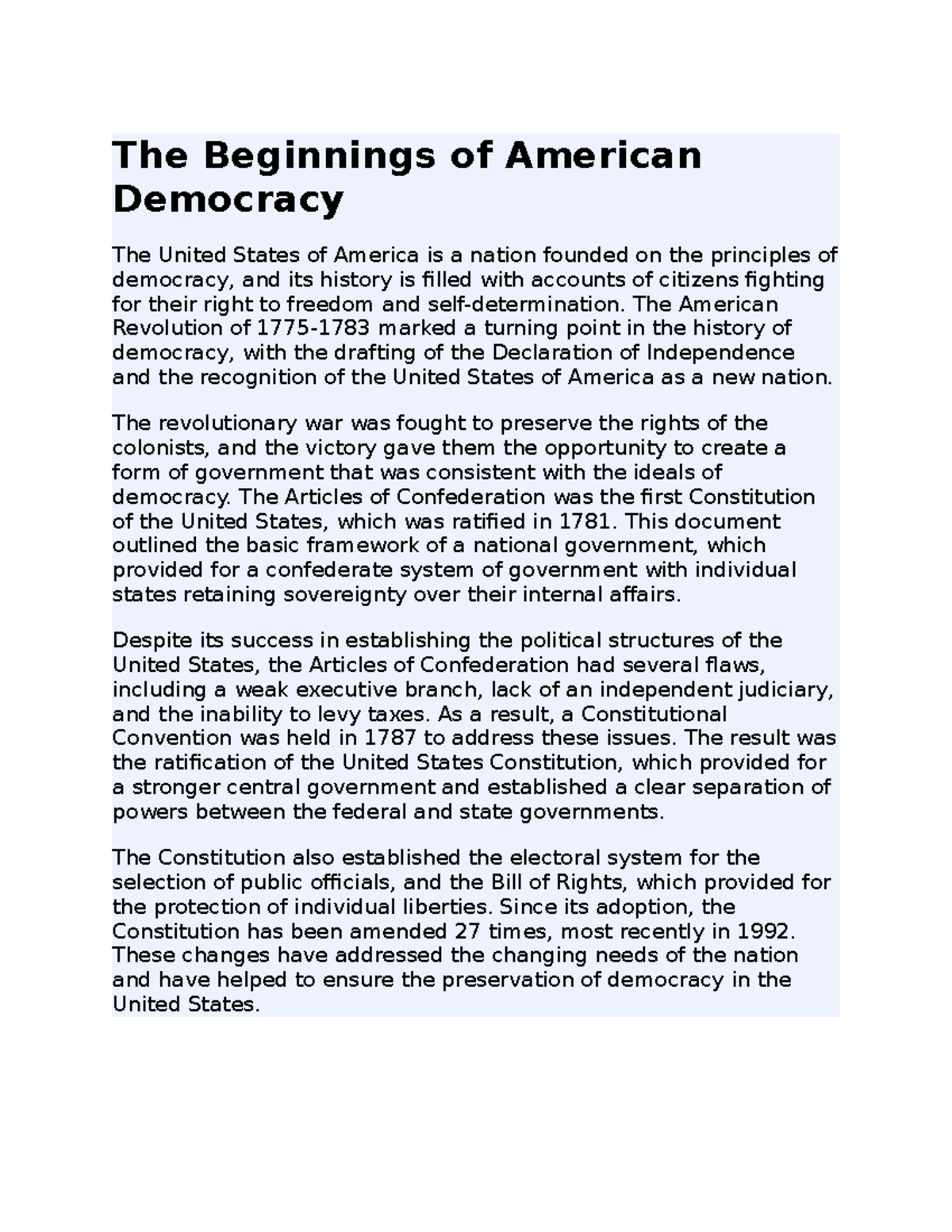 The Beginnings of American Democracy - The Beginnings of American ...