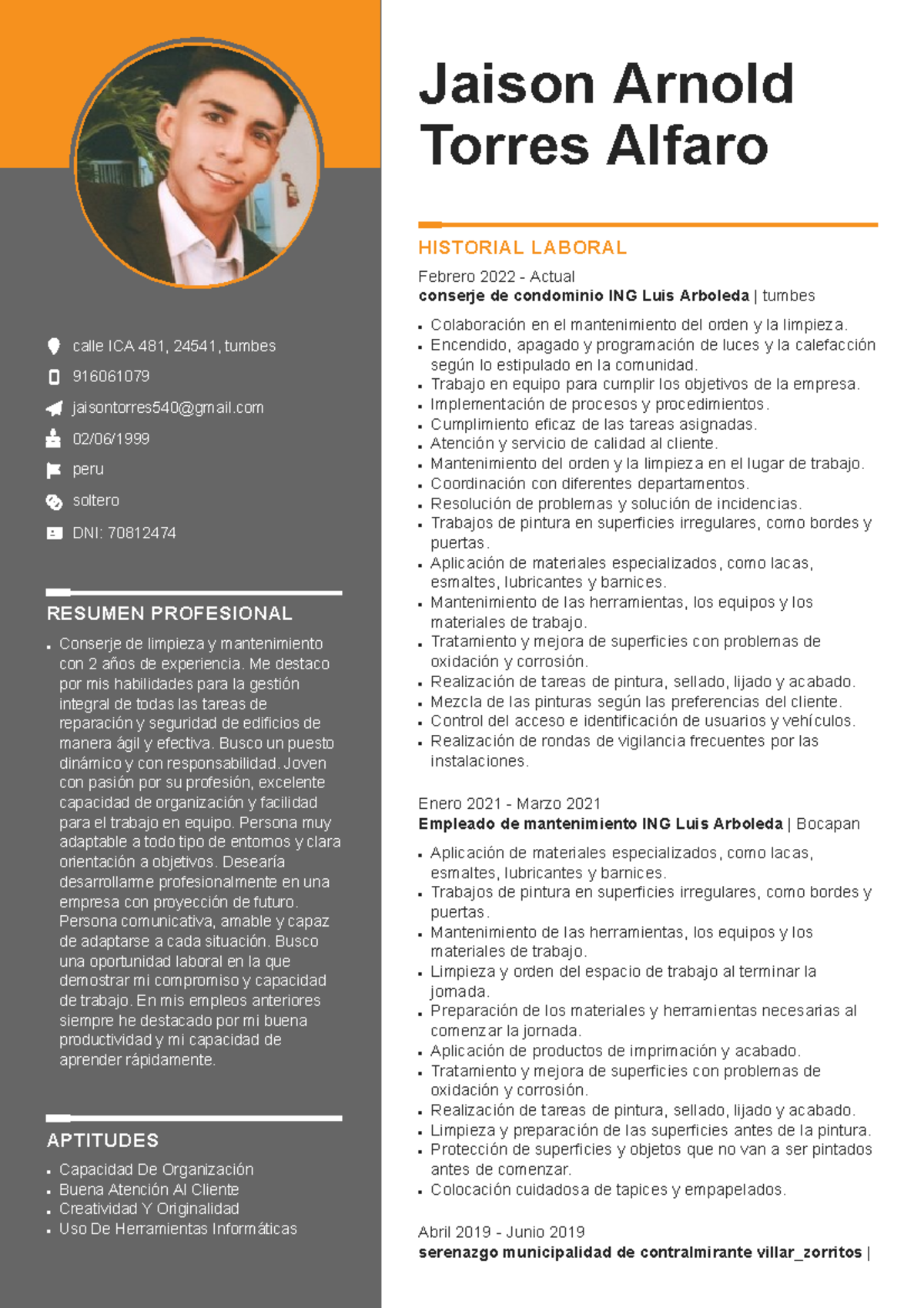 Jaison Arnold Torres Alfaro CV - calle ICA 481, 24541, tumbes 916061079 ...