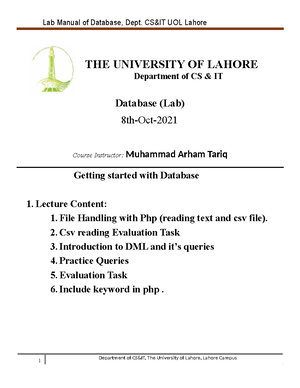 Lab 4 task - ...... - Lab Manual of Database, Dept. CS&IT UOL Lahore 1 Department of CS&IT ...
