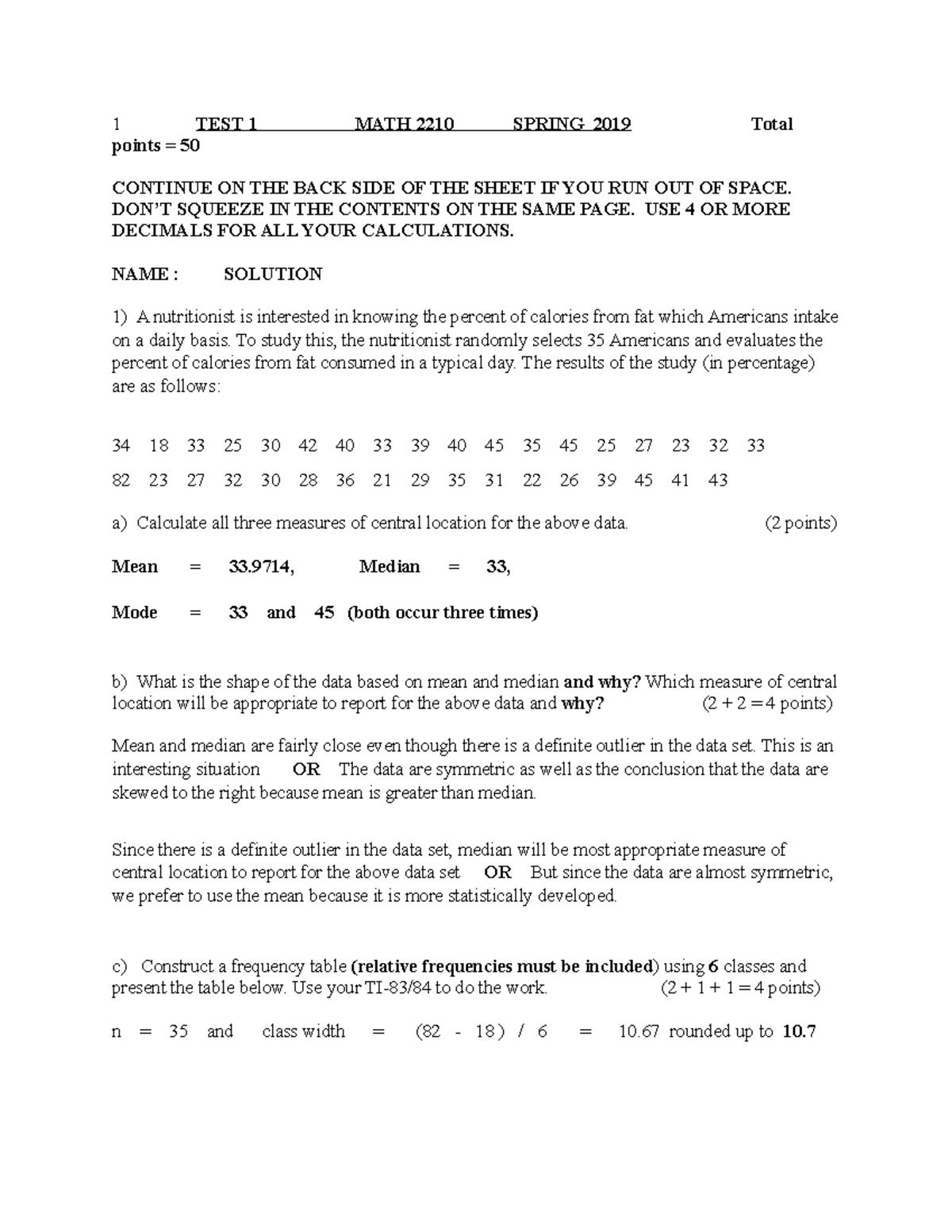 T1 F 2019 Solution - practice - 1 TEST 1 MATH 2210 SPRING 2019 Total ...