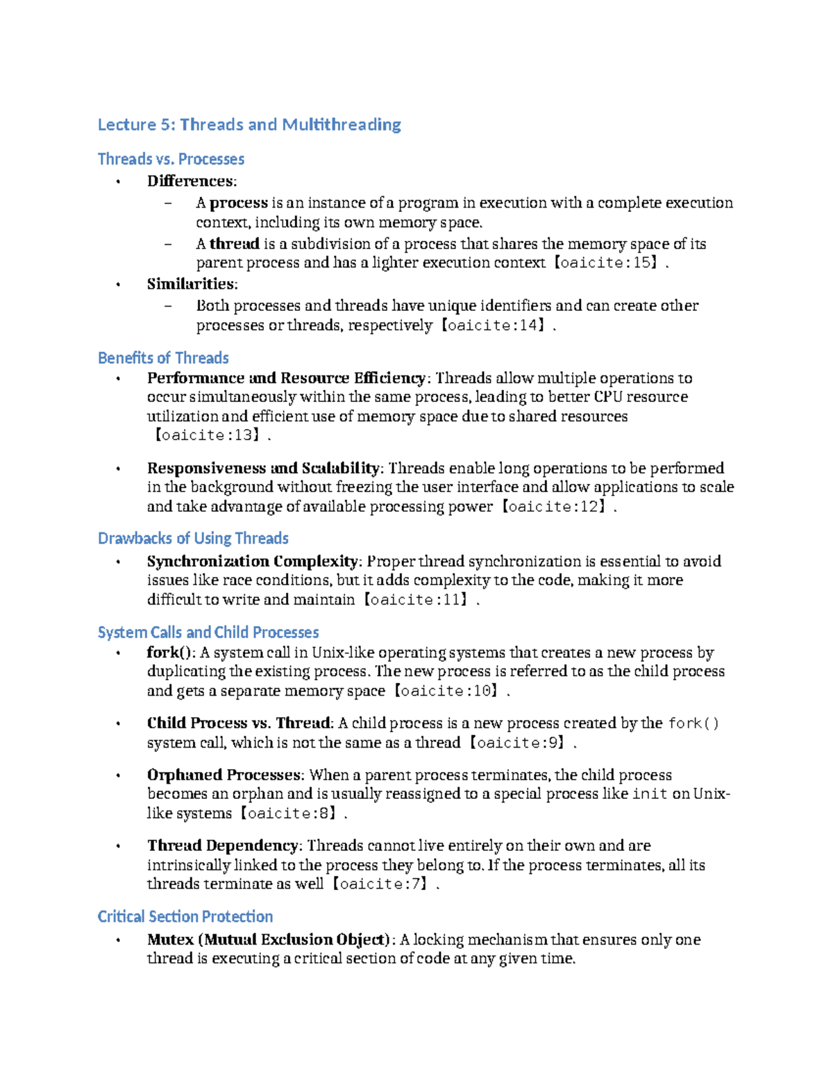Les-5 - Key points - Lecture 5: Threads and Multithreading Threads vs ...