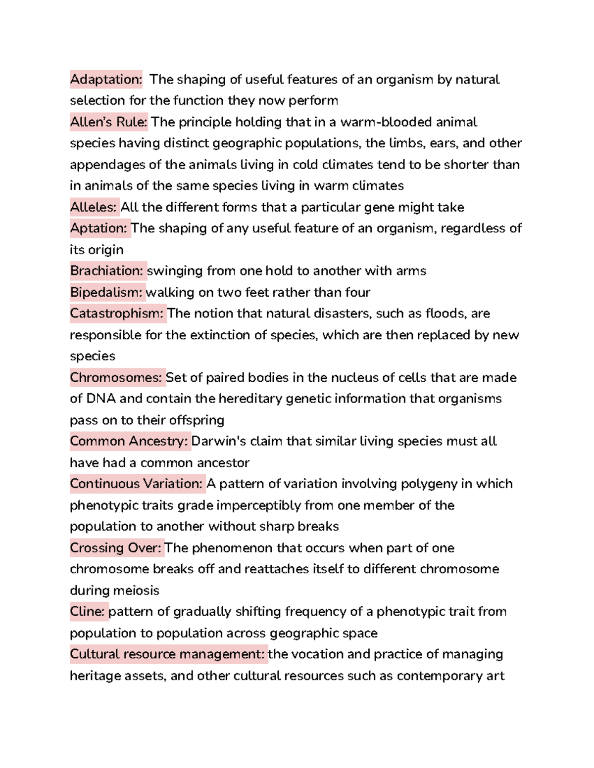 Chapter 2 vocab - Adaptation: The shaping of useful features of an ...