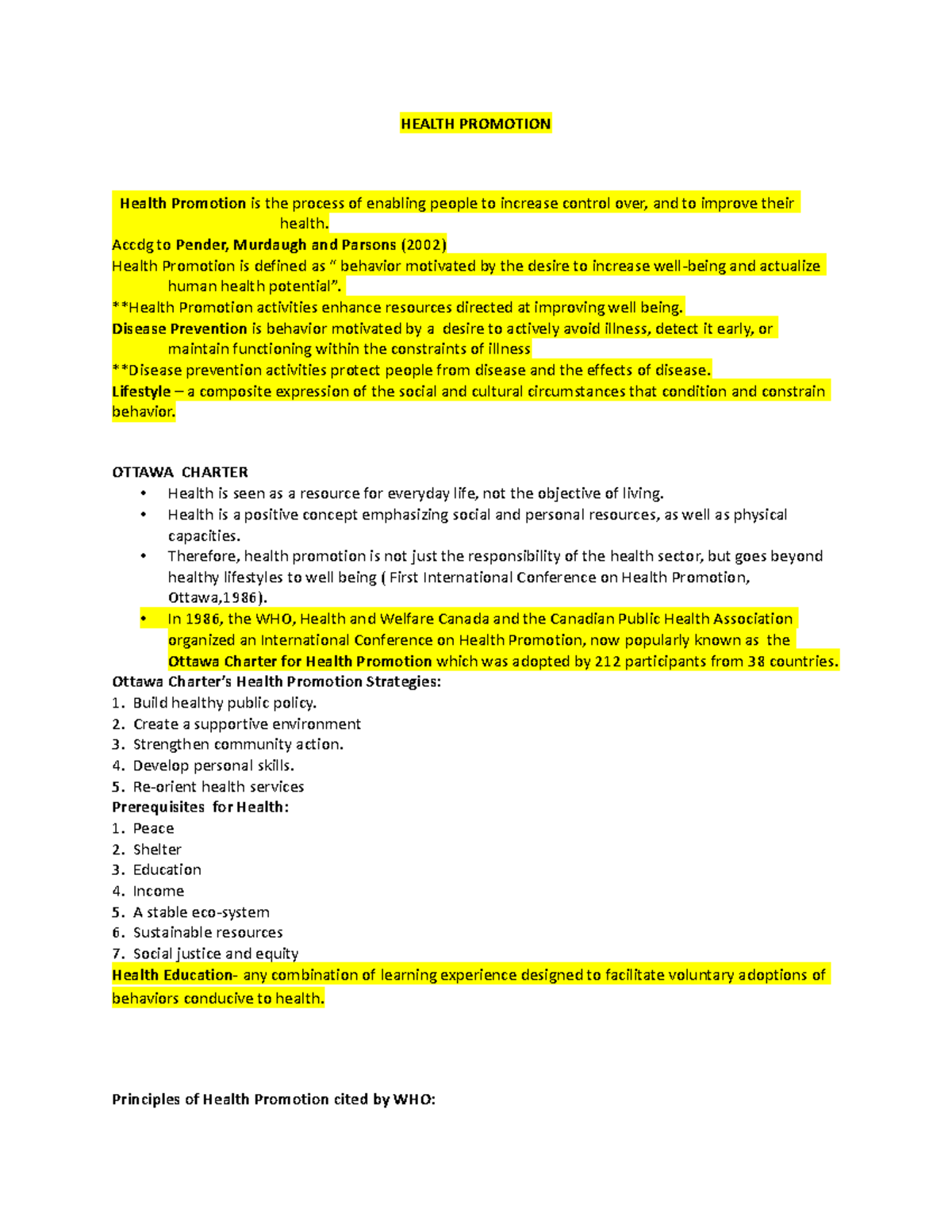 Health Promotion Handout - HEALTH PROMOTION Health Promotion is the ...