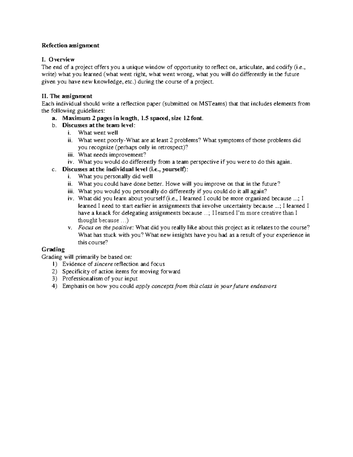 Reflection instruction about date - Refection assignment I. Overview ...