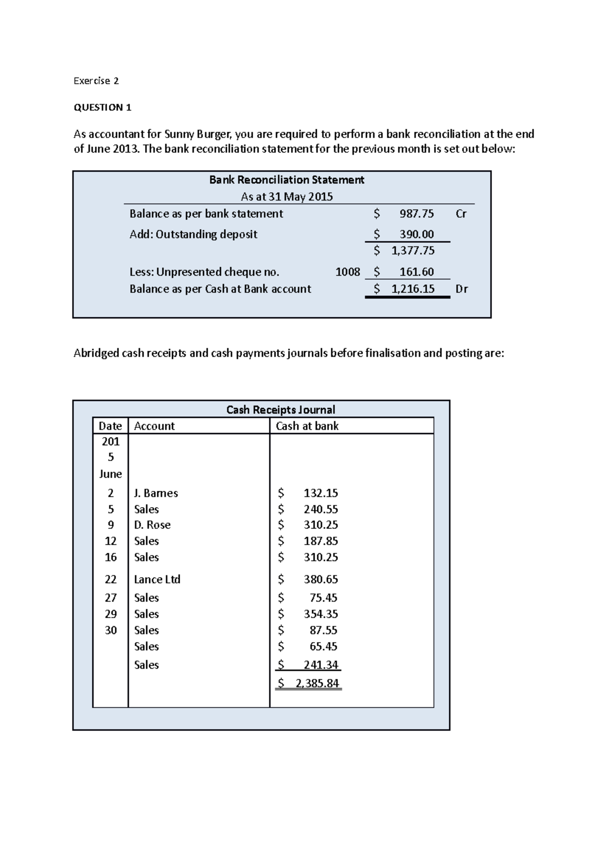 Exercise 2 Bank Reconciliation Student Exercise - Exercise 2 QUESTION 1 ...