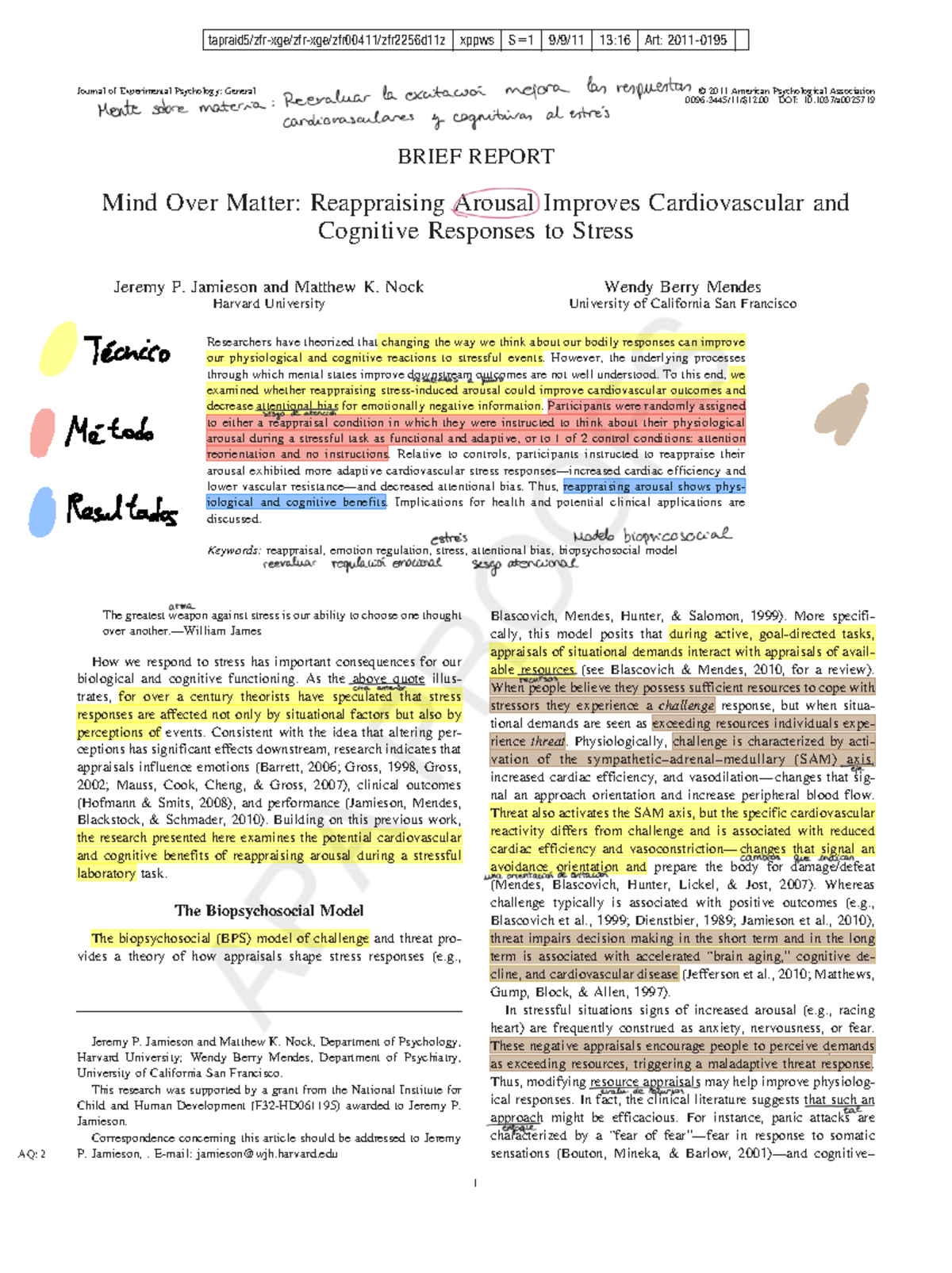 Mind Over Matter Reappraising Arousal Improves Car - BRIEF REPORT Mind ...