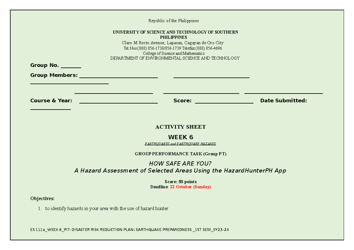 Week 6 GRP PT HOW SAFE ARE YOU A Hazard Assessment of Your Area Using ...