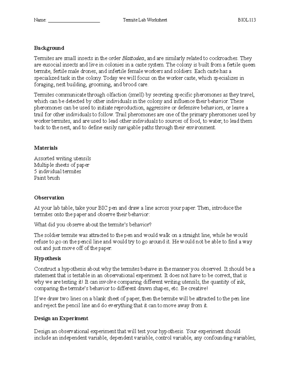 Lab2 Termine Behavior Assignment - Name: ______________________ Termite ...