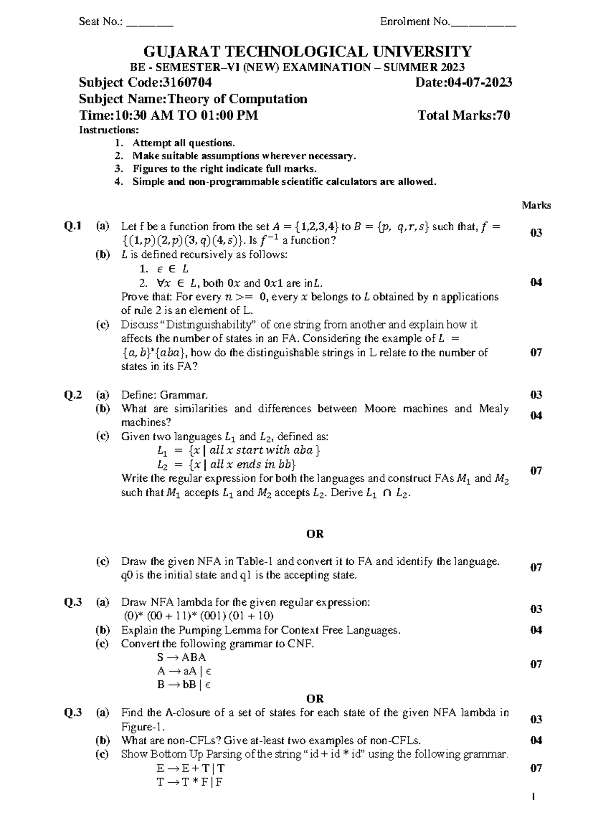 TOC Question Papers - Seat No.: ________ Enrolment No ...