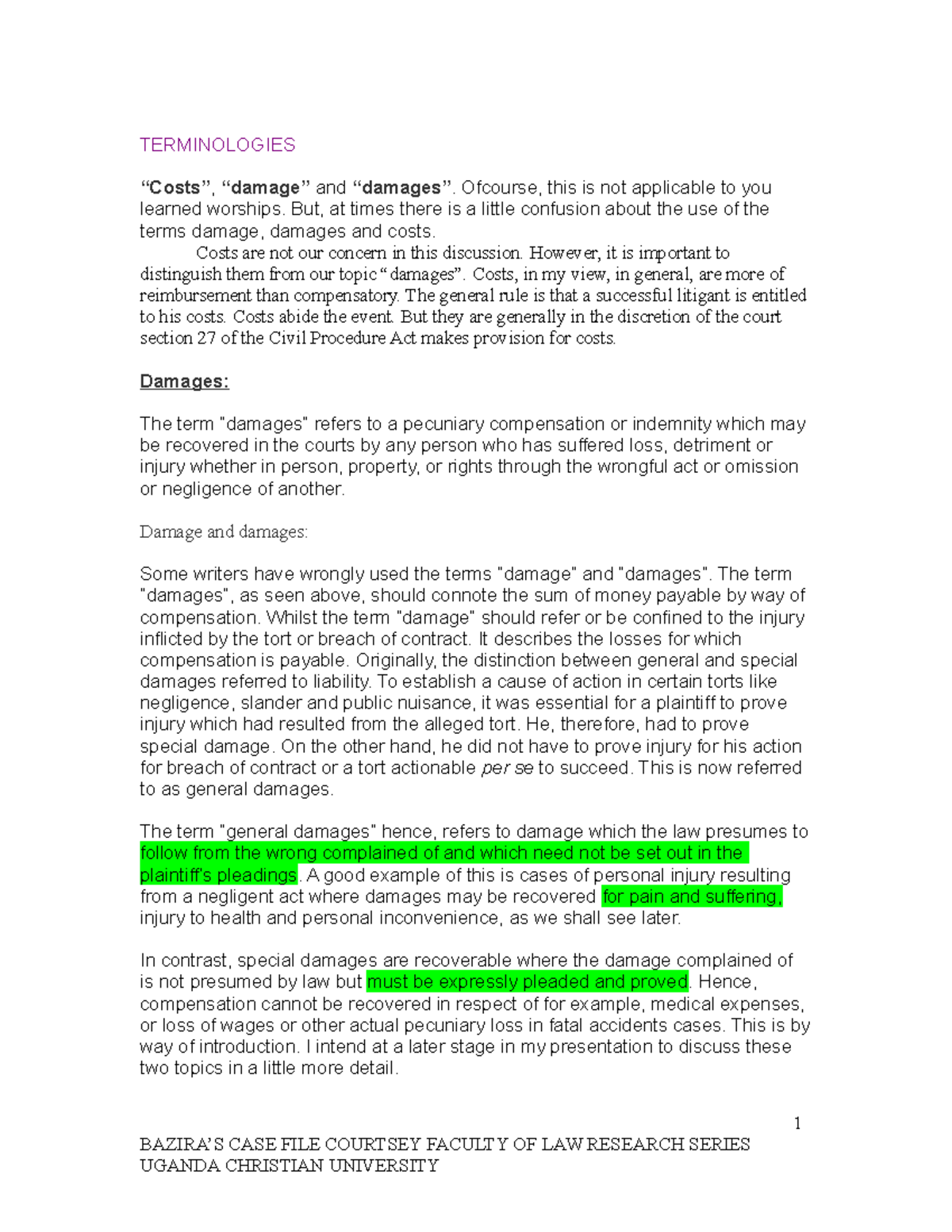 Damages in torts - damage awarded and the available remedies ...