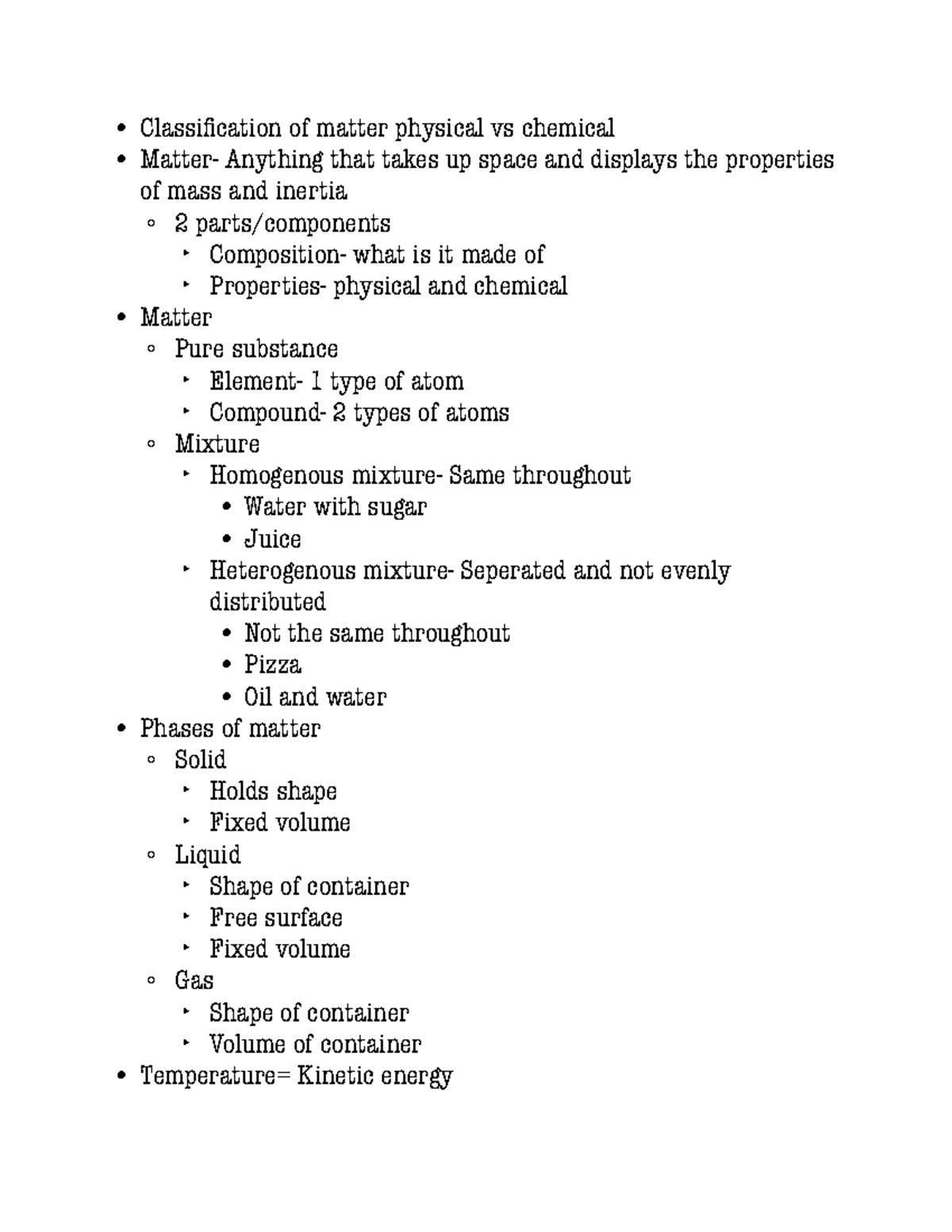 Lecture 2 - notes from class - Classification of matter physical vs ...