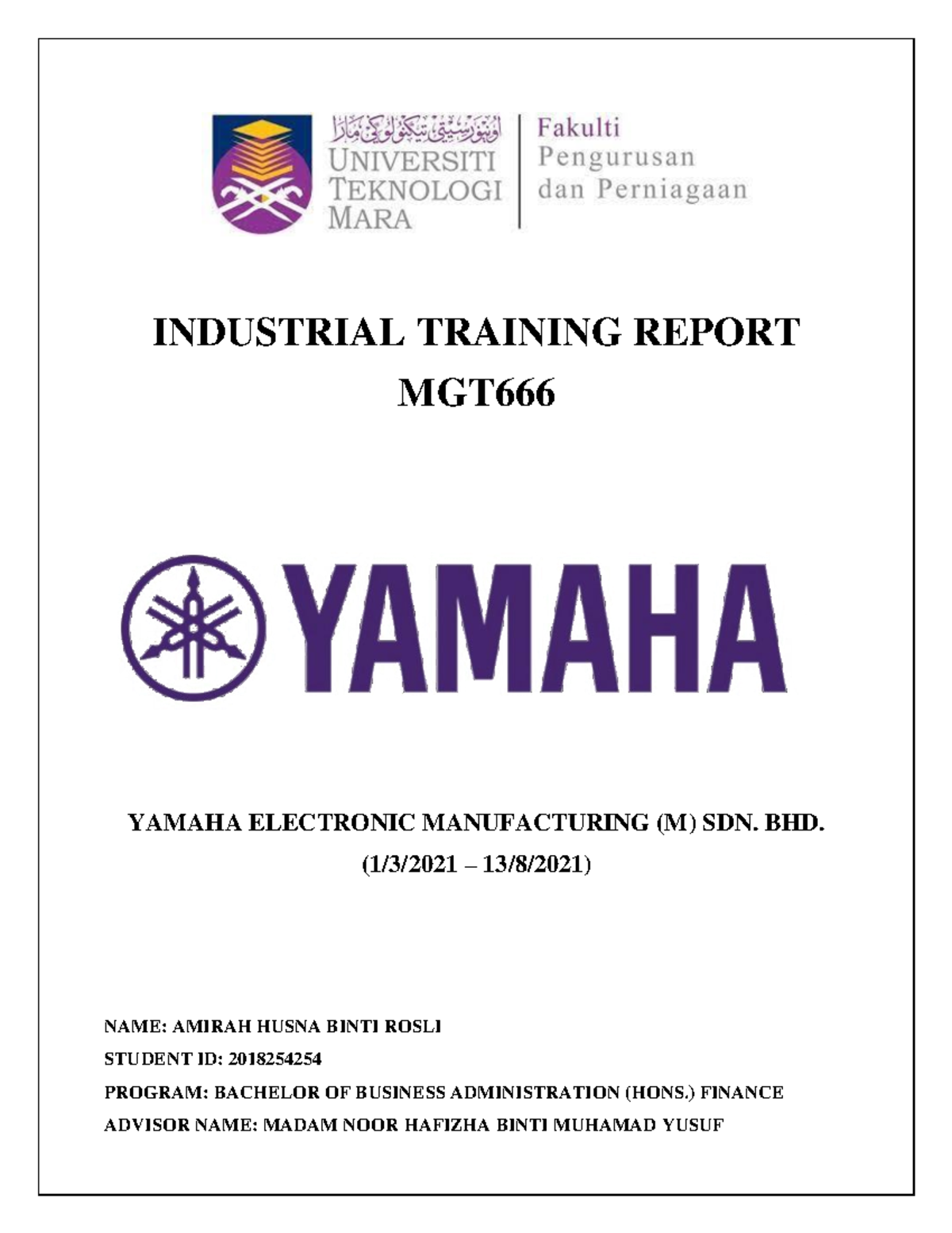 Contoh 2 - Internship report - INDUSTRIAL TRAINING REPORT MGT YAMAHA ...