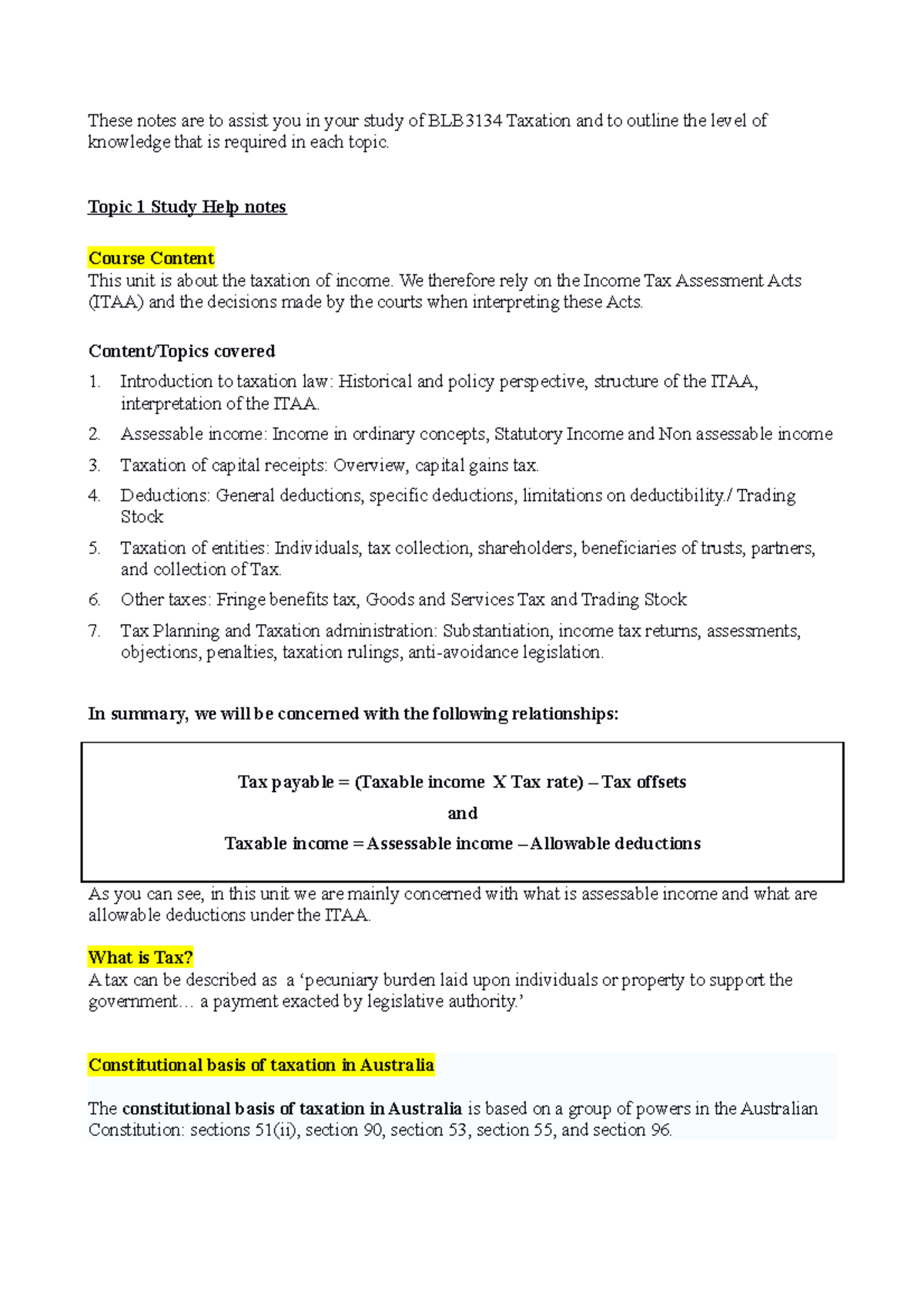 Taxation Topic 1 help notes 1 - These notes are to assist you in your ...