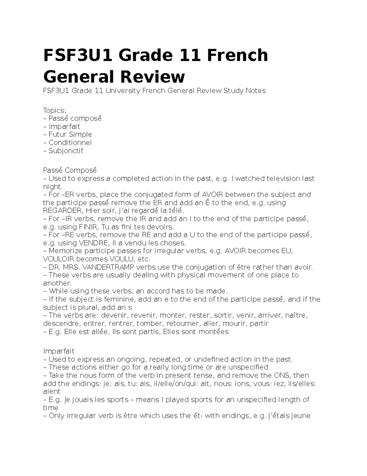 FSF3U1 Grade 11 French General Review - FSF3U1 Grade 11 French General ...
