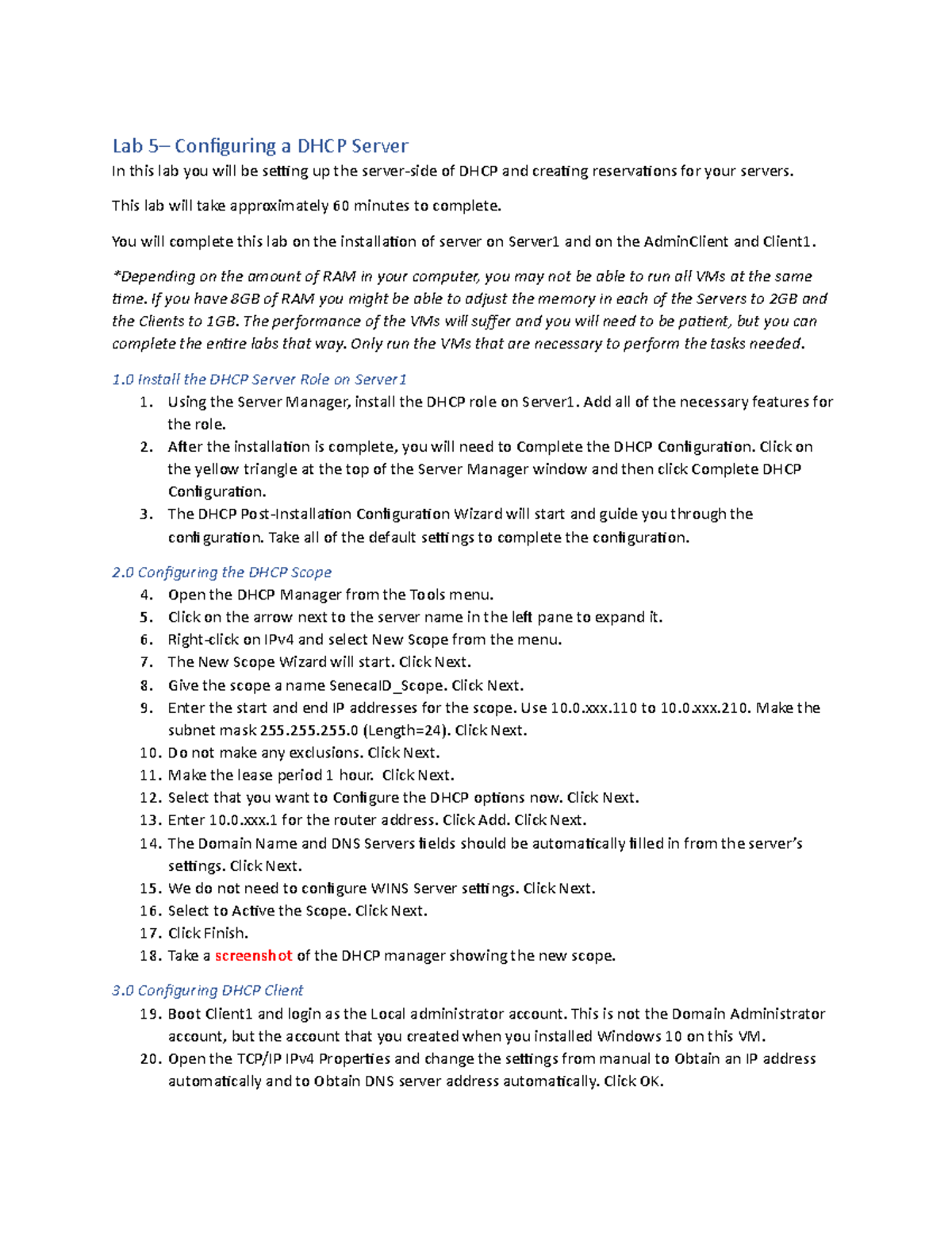 Lab 5 - DHCP Server - MST200 document - Lab 5– Configuring a DHCP Server In this lab you will be ...