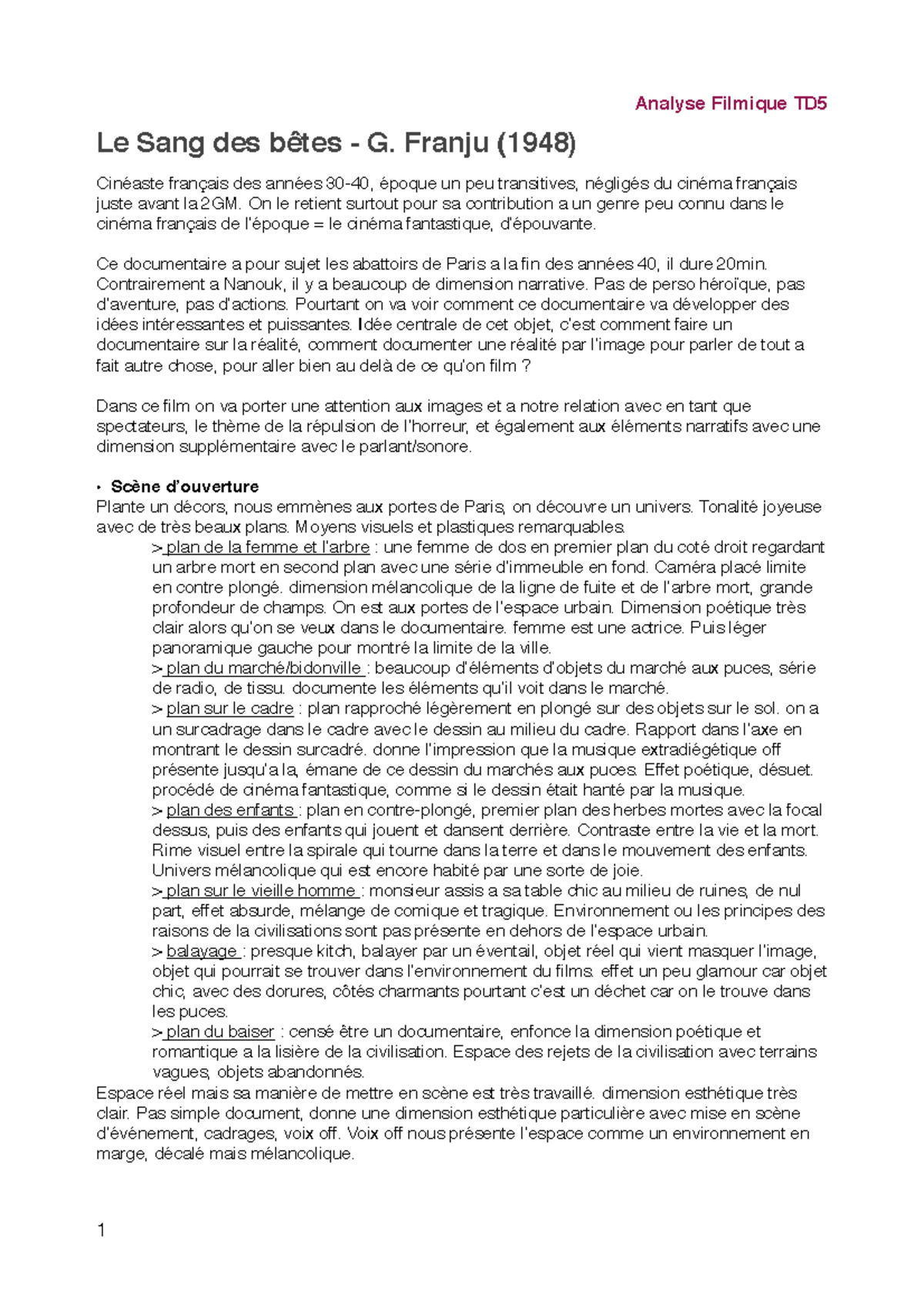 TD5 - Notes de cours 5 - Analyse Filmique TD5 Le Sang des bêtes - G ...
