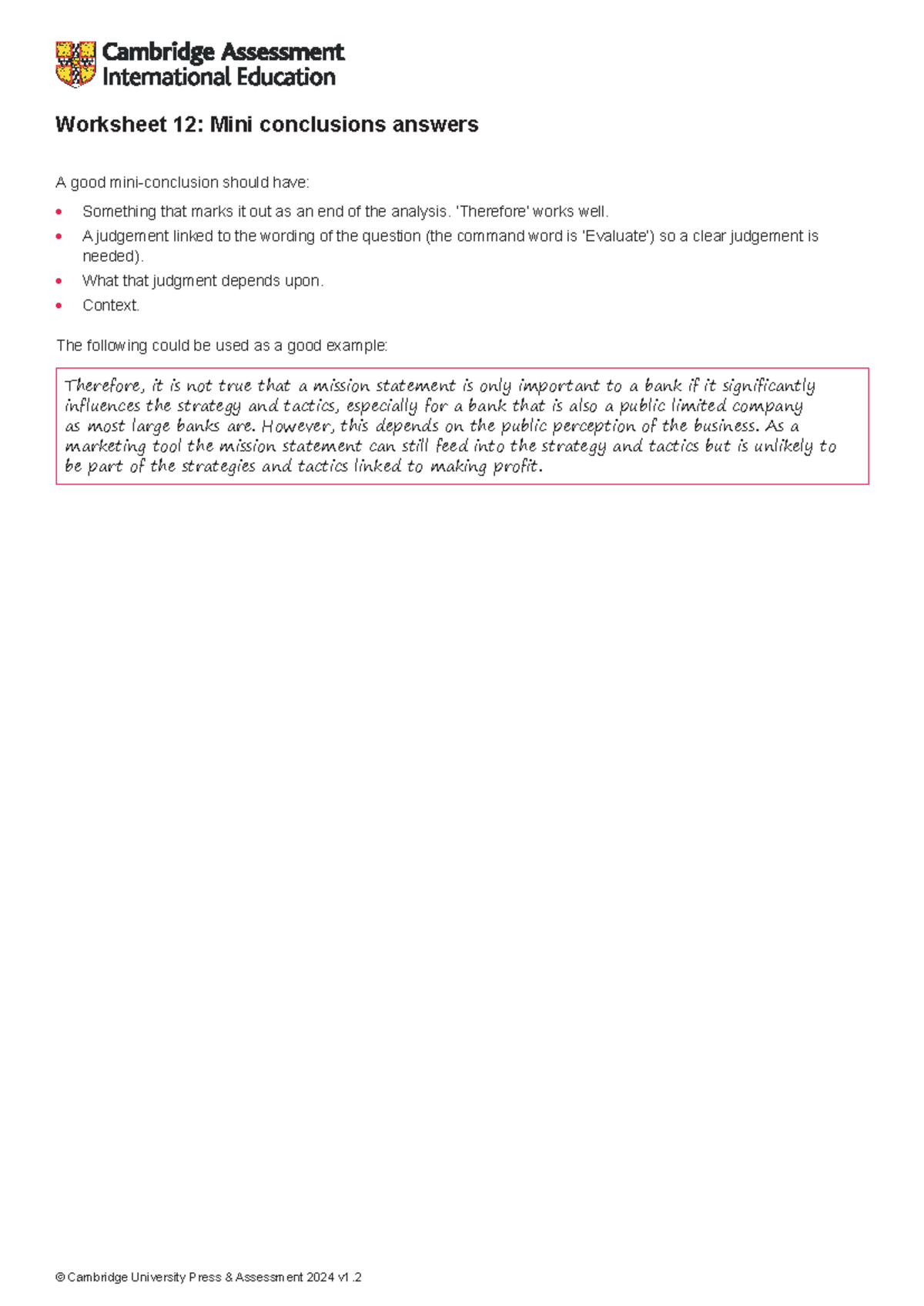 AO4 Worksheet 12 Making conclusions answers - © Cambridge U niversity P ...