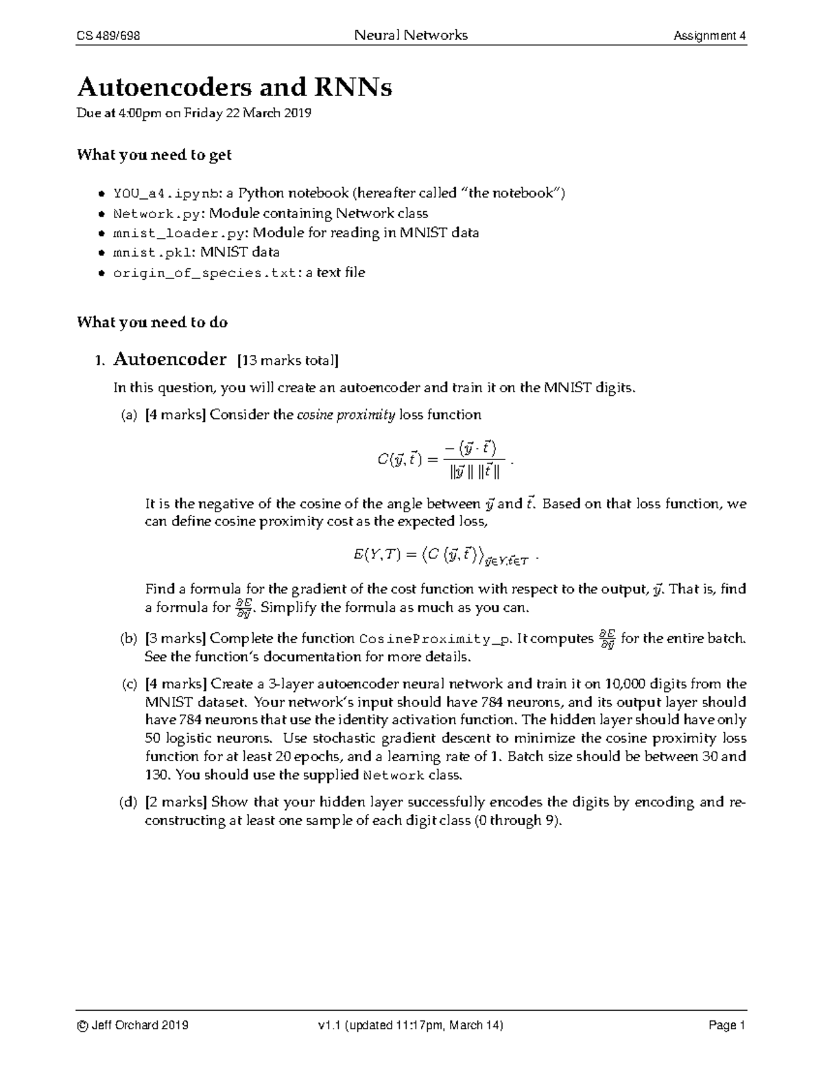 A4 questions - assignment 4 - CS 489/698 Neural Networks Assignment 4 Autoencoders and RNNs Due ...
