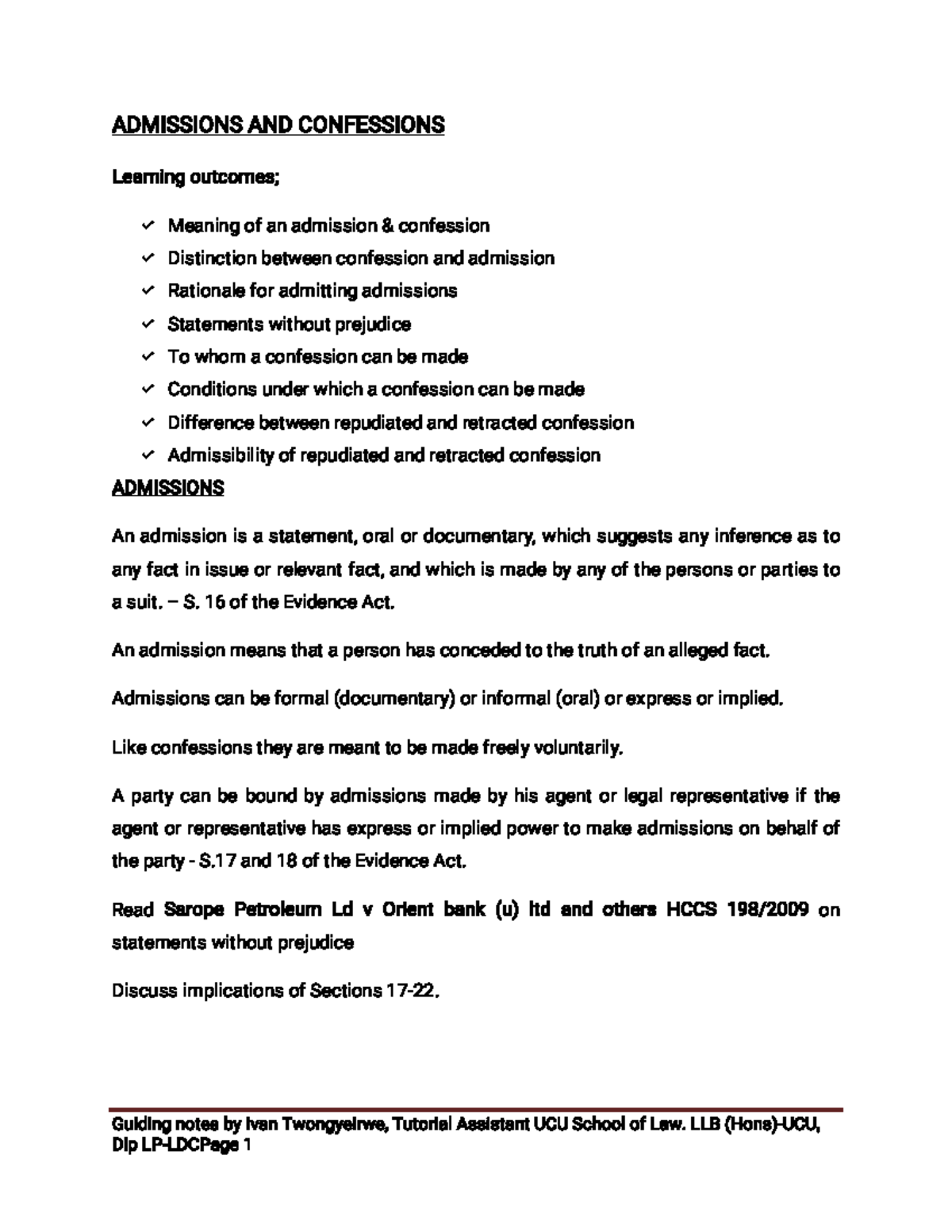 Admissions and Confessions - Guiding notes by Ivan Twongyeirwe ...