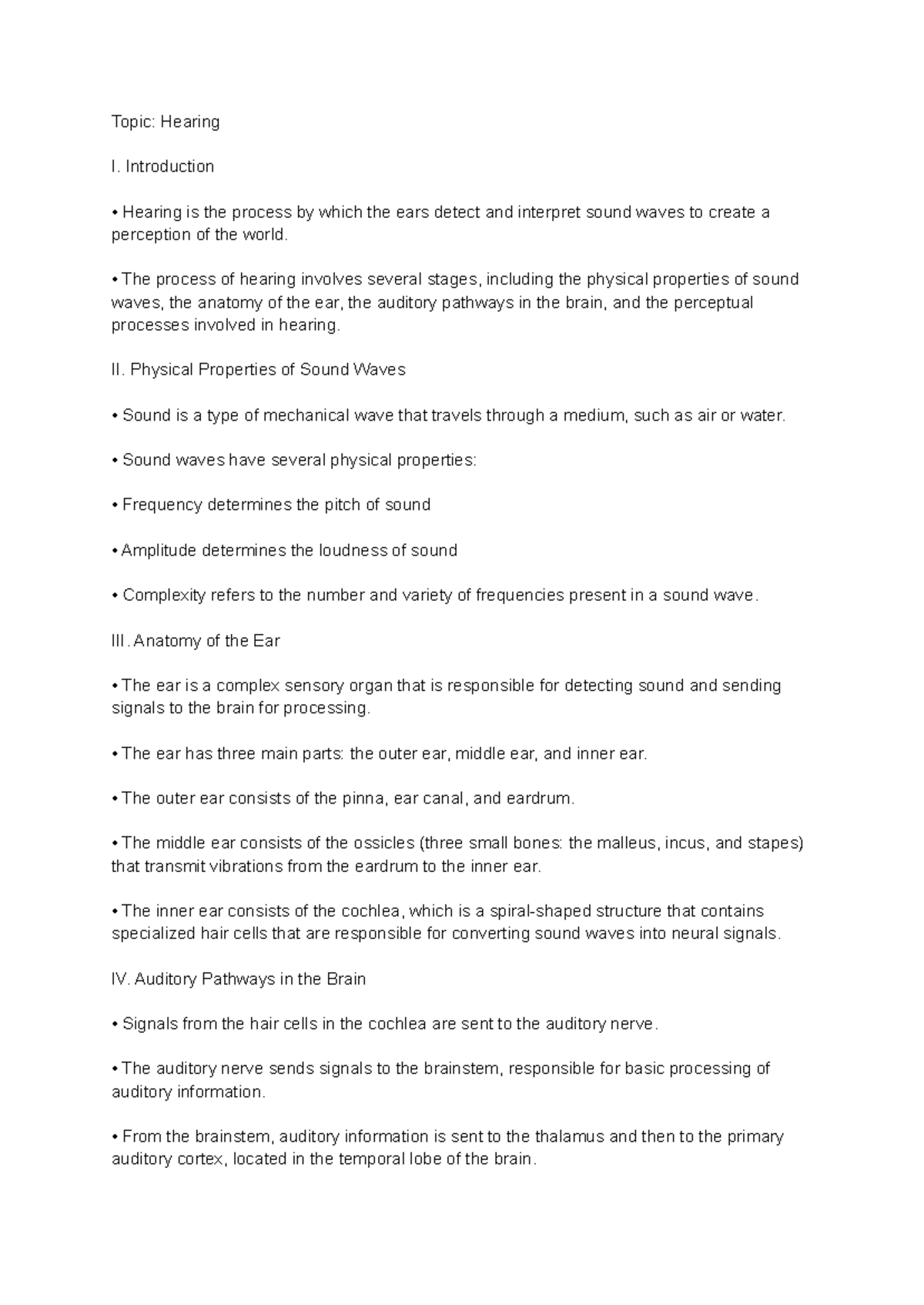 5.4 Hearing - summary of - Topic: Hearing I. Introduction Hearing is ...